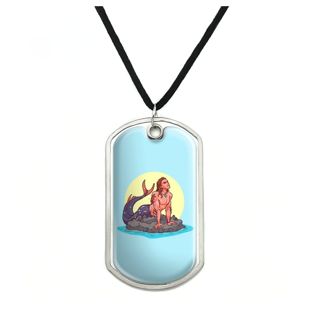 Merman Male Mermaid Basking On Rock Military Dog Tag Pendant Necklace ...