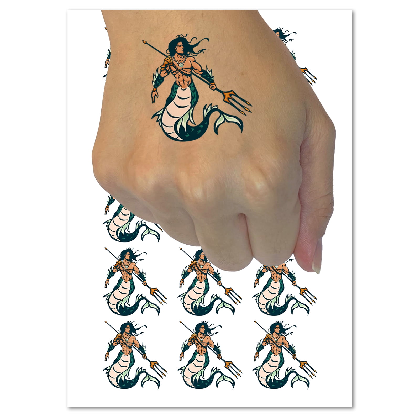 Merman Mermaid Man with Trident Water Resistant Temporary Tattoo Set ...