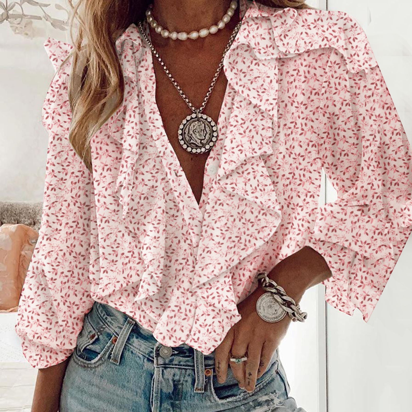 Merqwadd Women Button-down Ruffle Shirt V-neck Long Sleeve Blouse ...