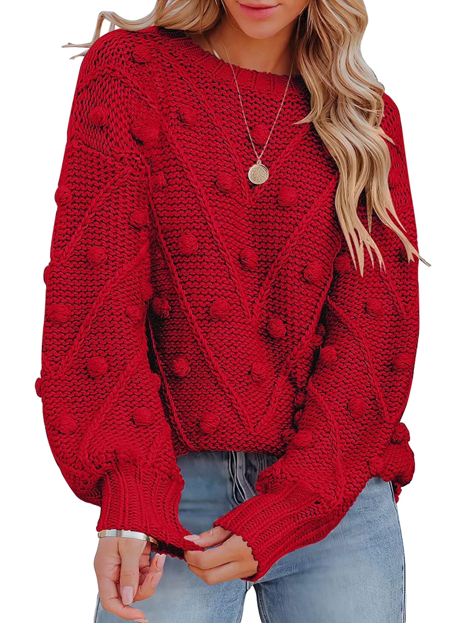 Merqwadd Women Knit Sweaters Jacquard Pom Long Lantern Sleeve Crew Neck