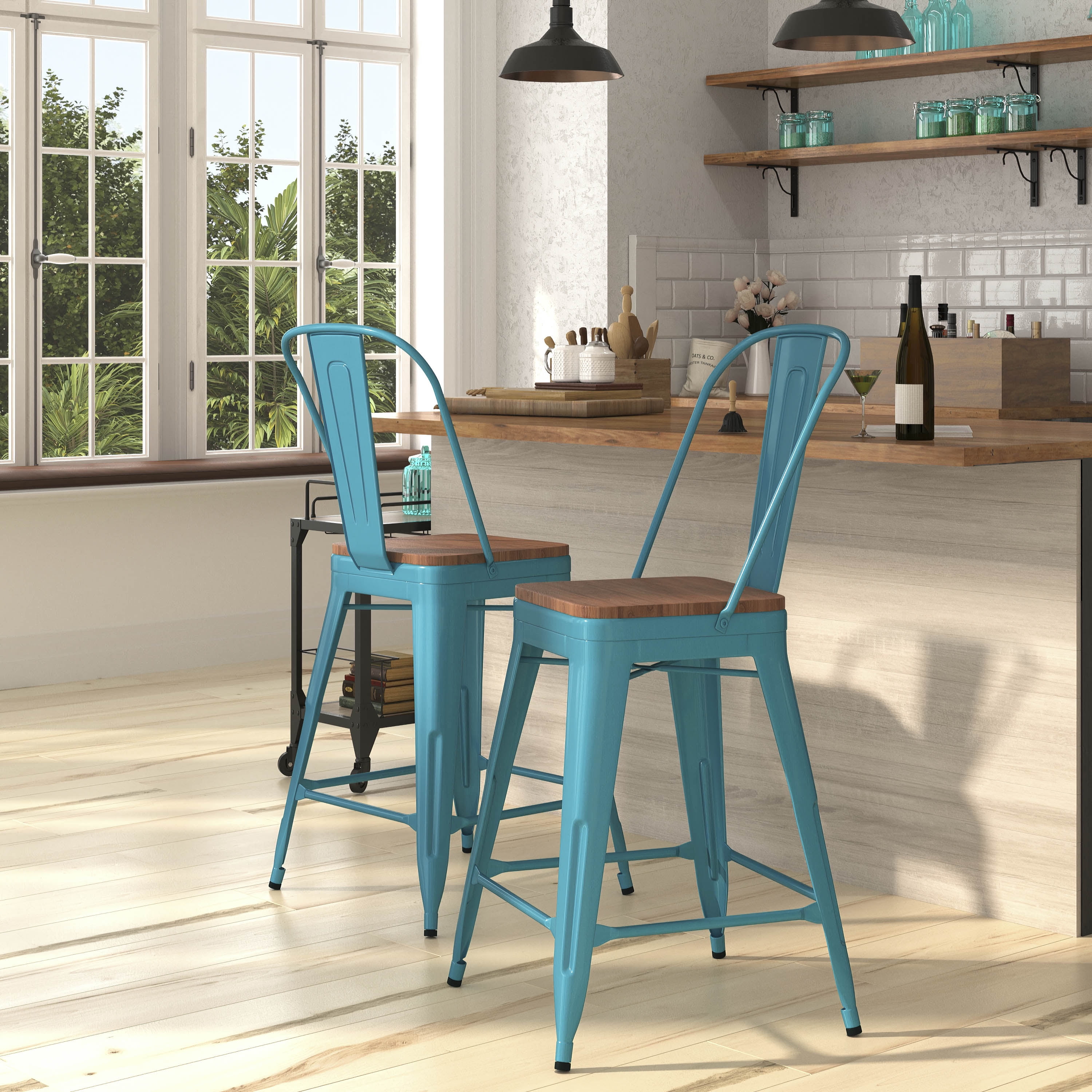Merrick Lane 24" Metal Indoor-Outdoor Counter Stool with Vertical Slat ...