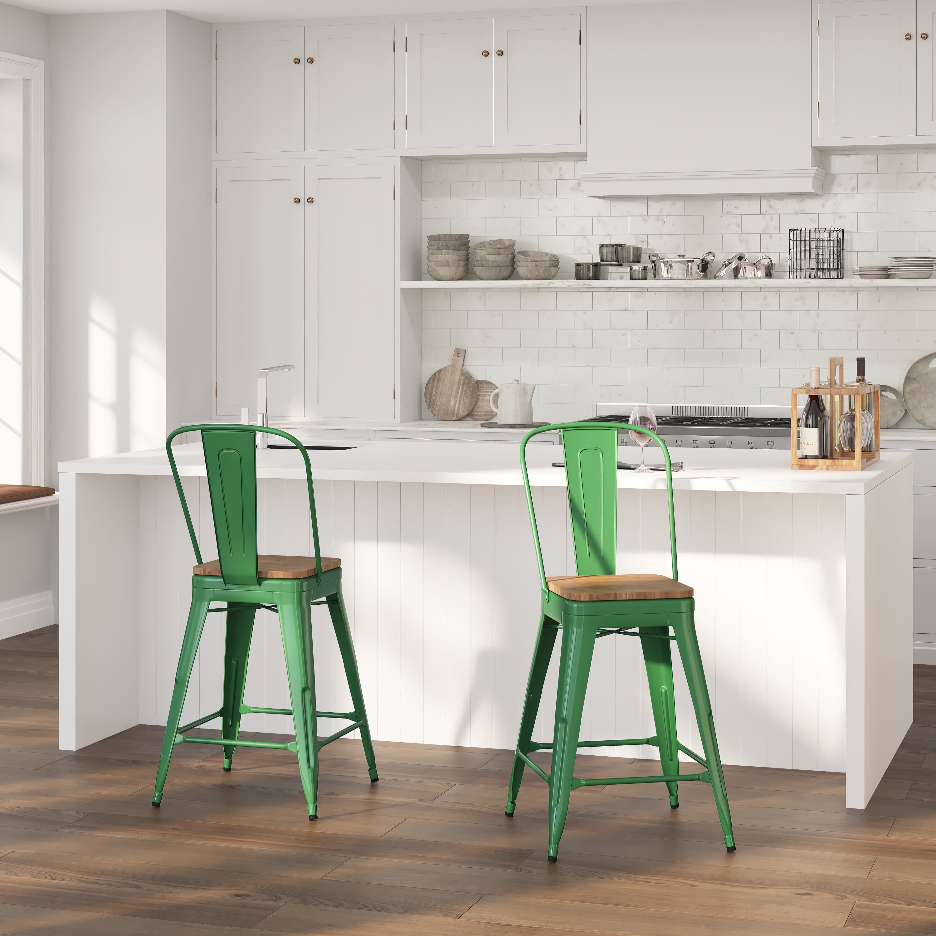 Merrick Lane 24" Tall Green Metal Counter Height Dining Stool with ...