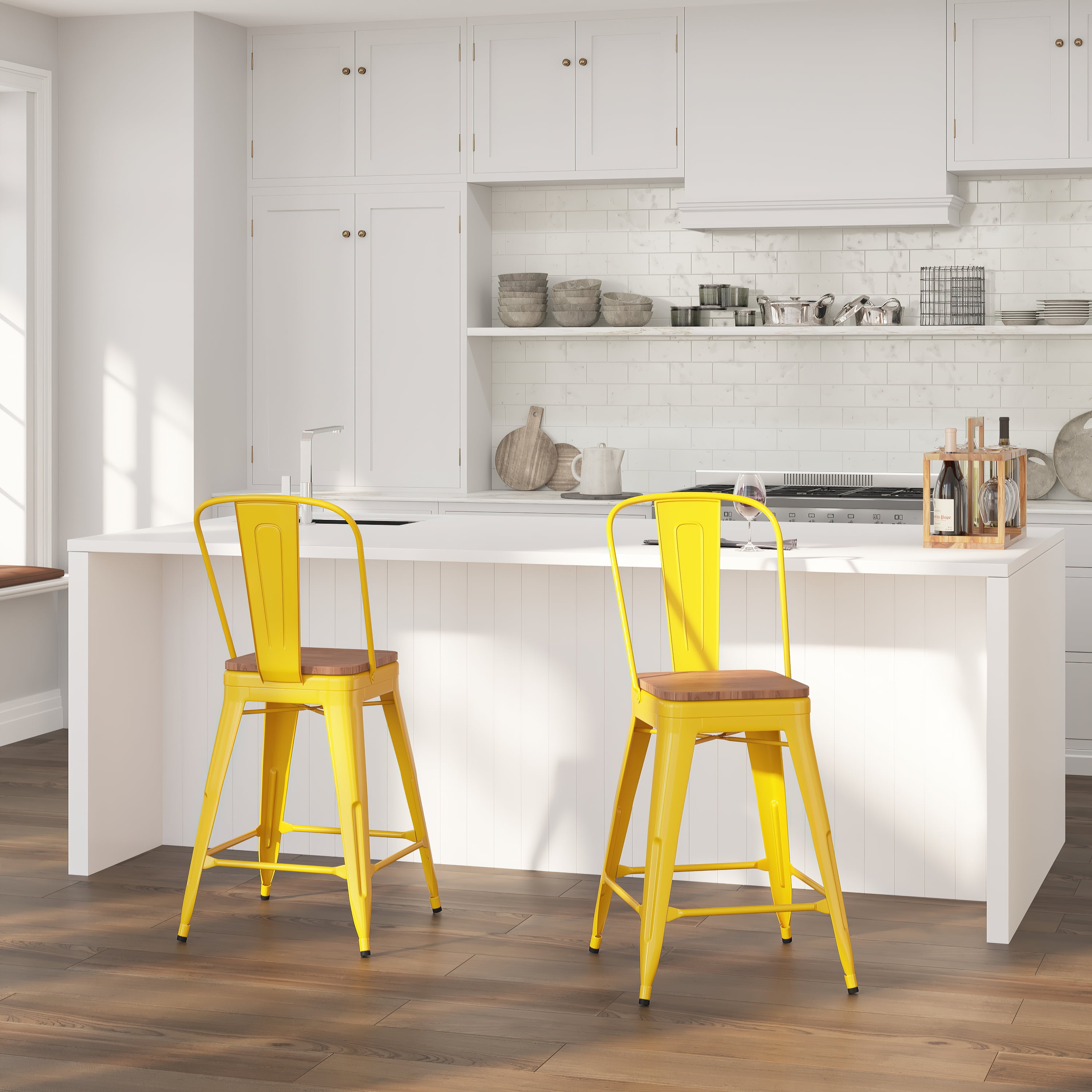 Merrick Lane 24" Tall Yellow Metal Counter Height Dining Stool with ...