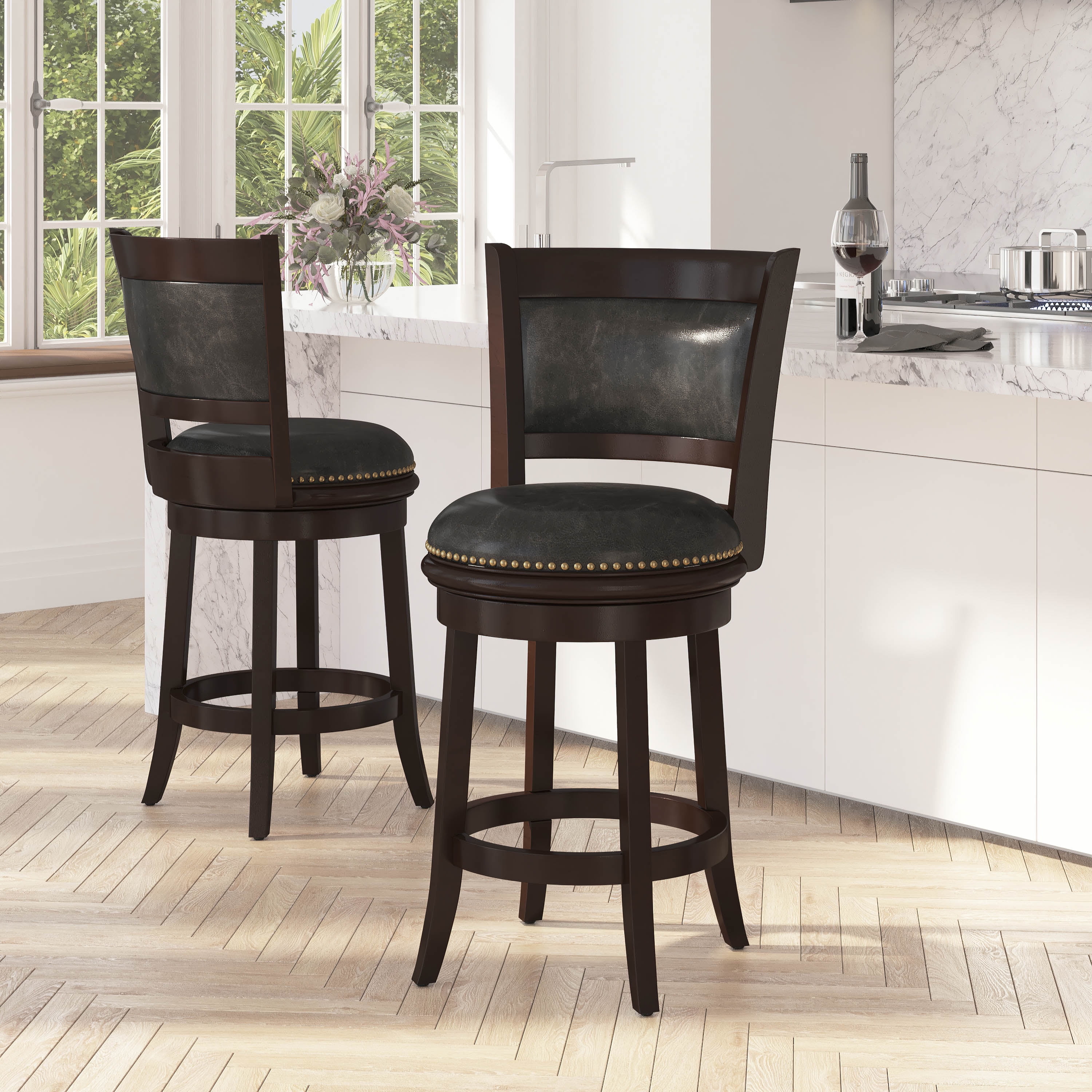 Merrick Lane 24" Wooden Counter Height Stool with Black Faux Leather ...