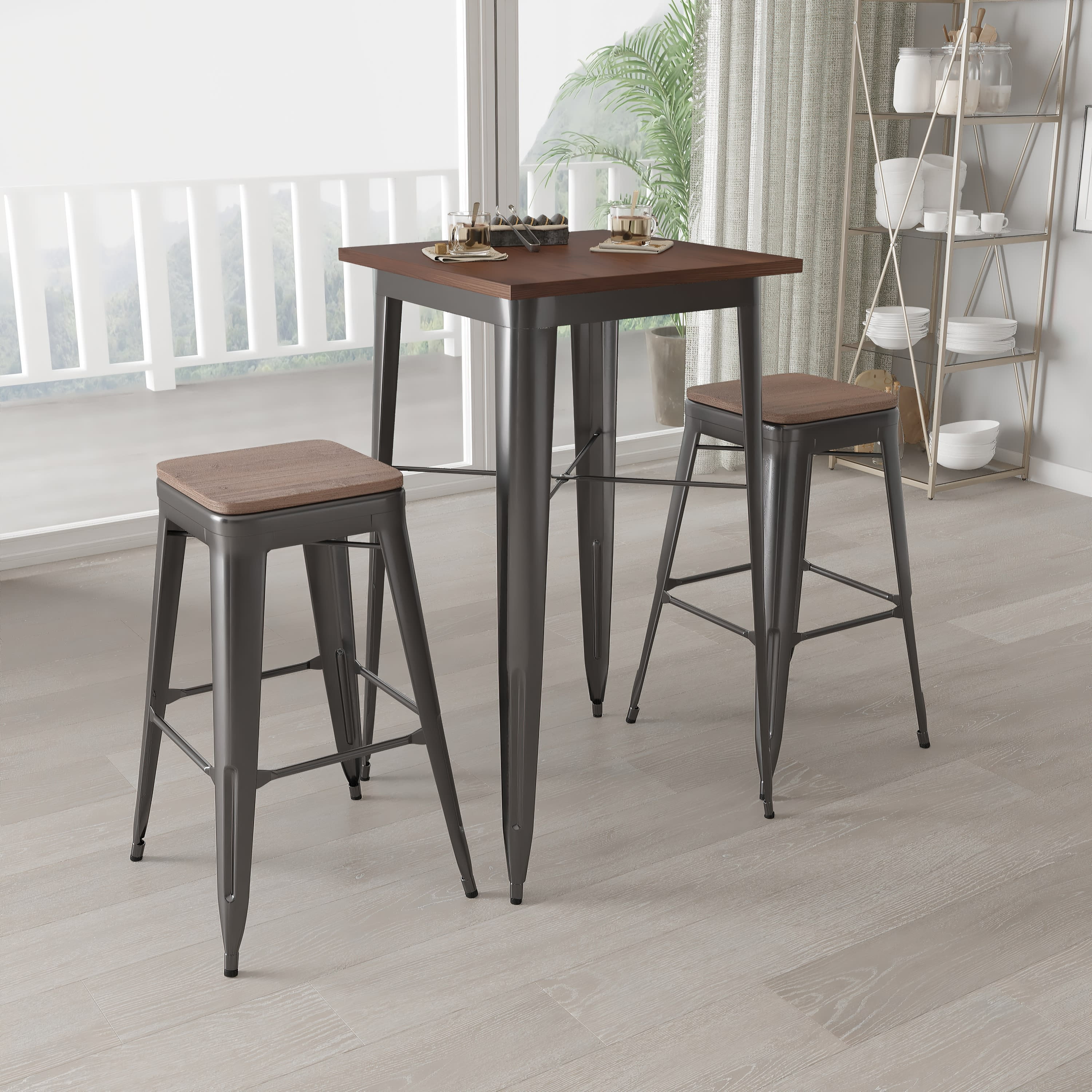 Merrick Lane 3 Piece Bar Table and Stools Set with 23.5" Square Black ...