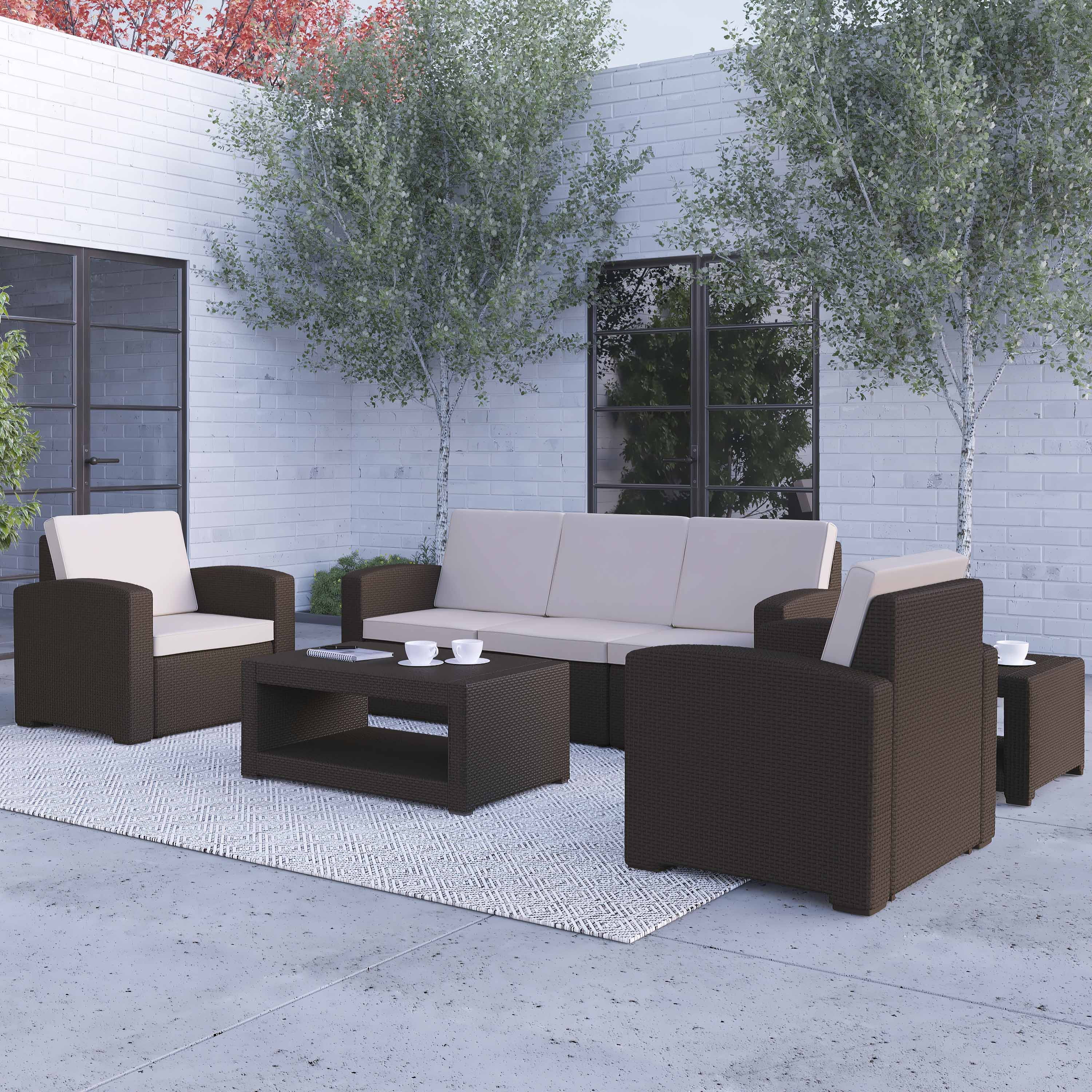 Merrick Lane 5 Piece Chocolate Brown Faux Rattan Patio Set - 2 Chairs ...