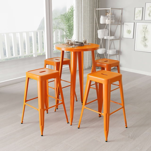 Merrick Lane 5 Piece Orange Patio Set with Table and 4 Backless Stools ...
