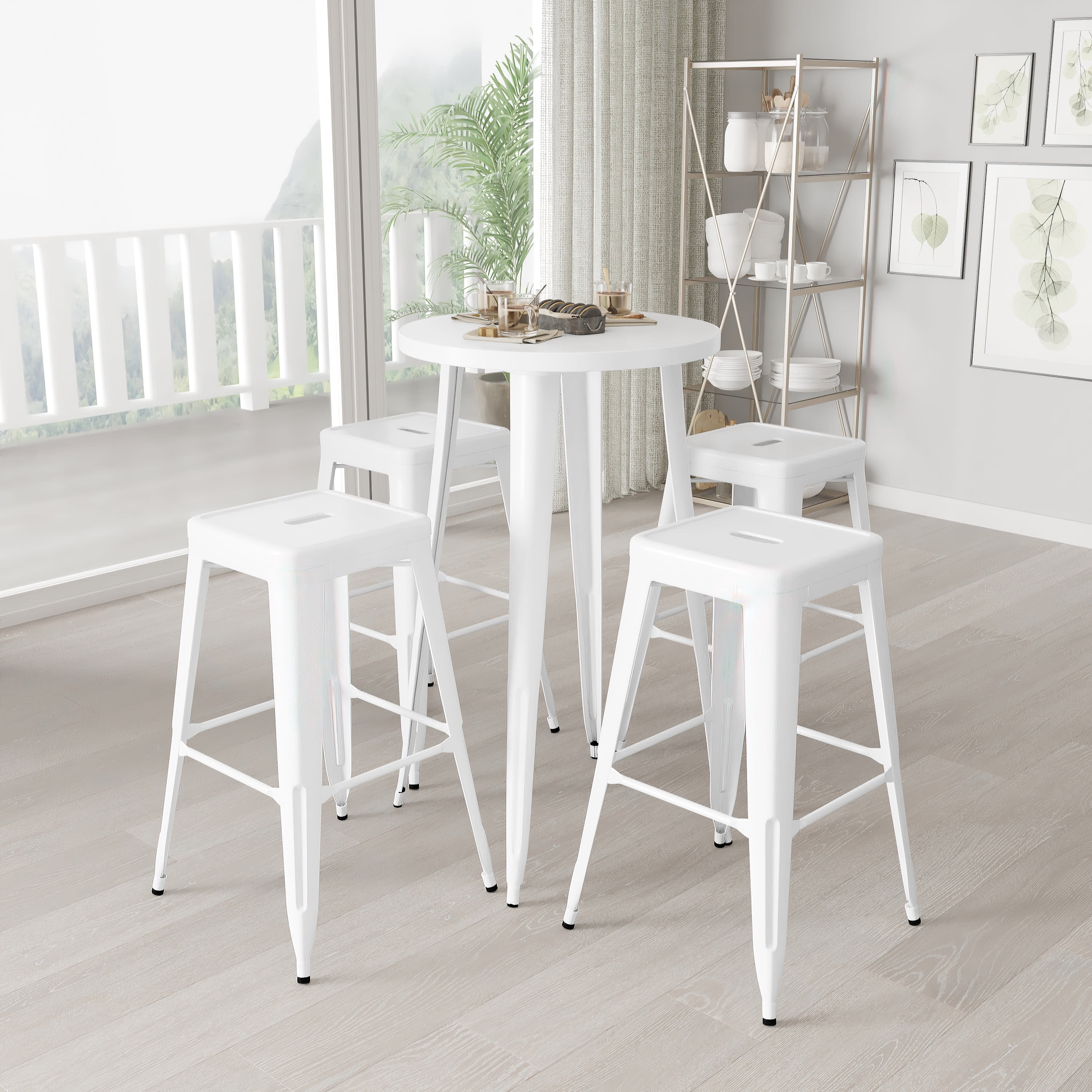 Merrick Lane 5 Piece White Patio Set with Table and 4 Backless Stools ...