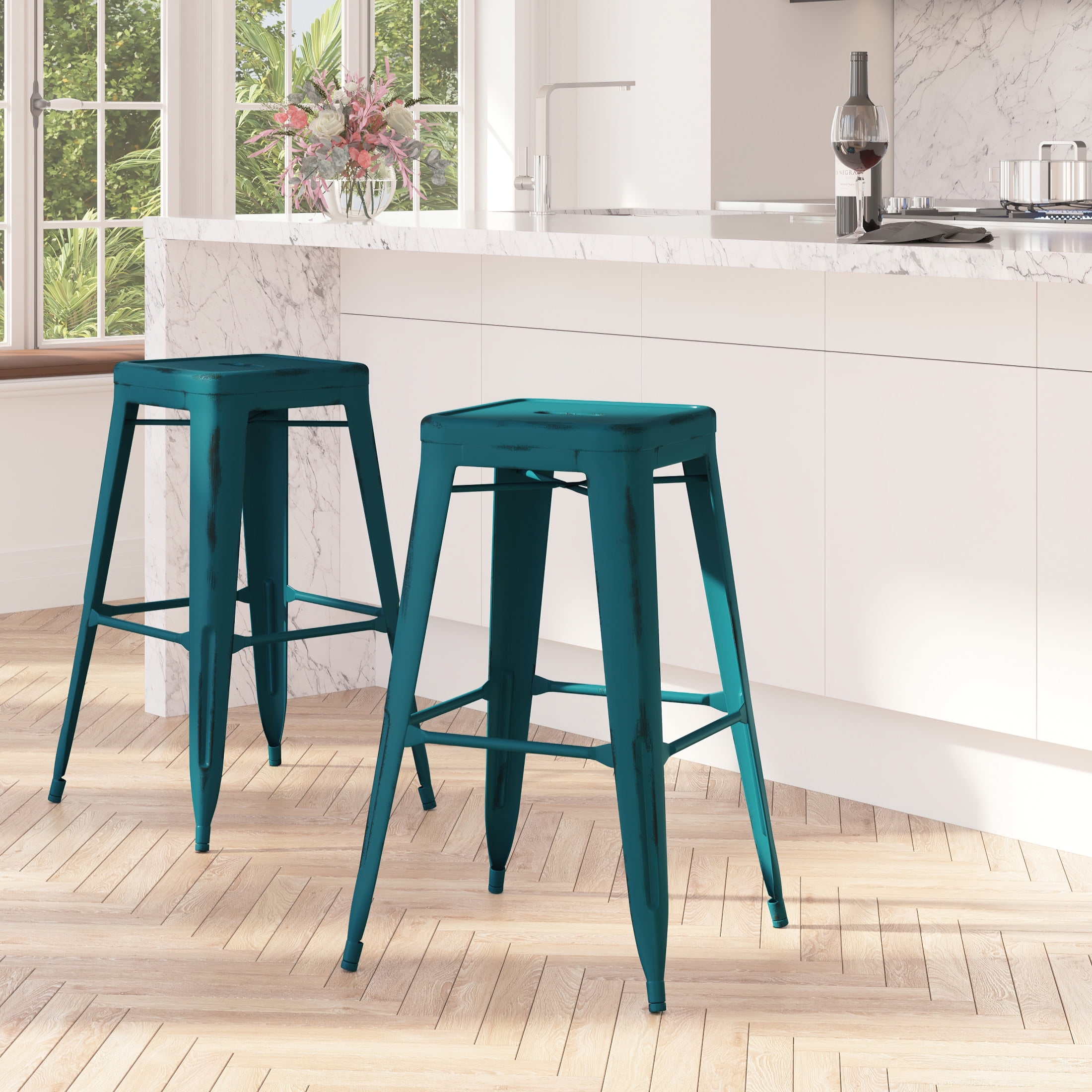 Merrick Lane Backless Distressed Bar Stool, Kelly Blue Teal - Walmart.com