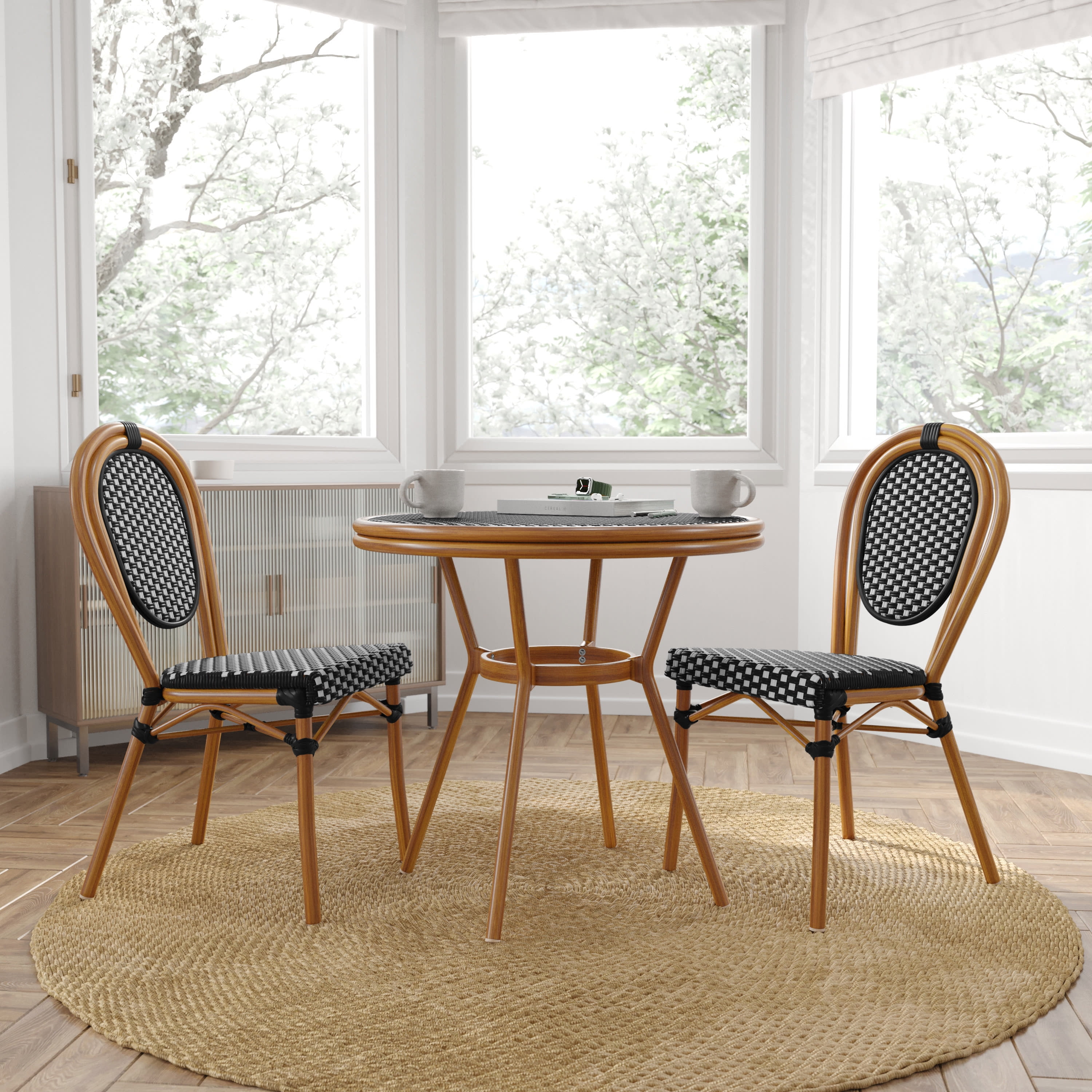Merrick Lane French Bistro Style Table with Glass Top, Black & White PE ...