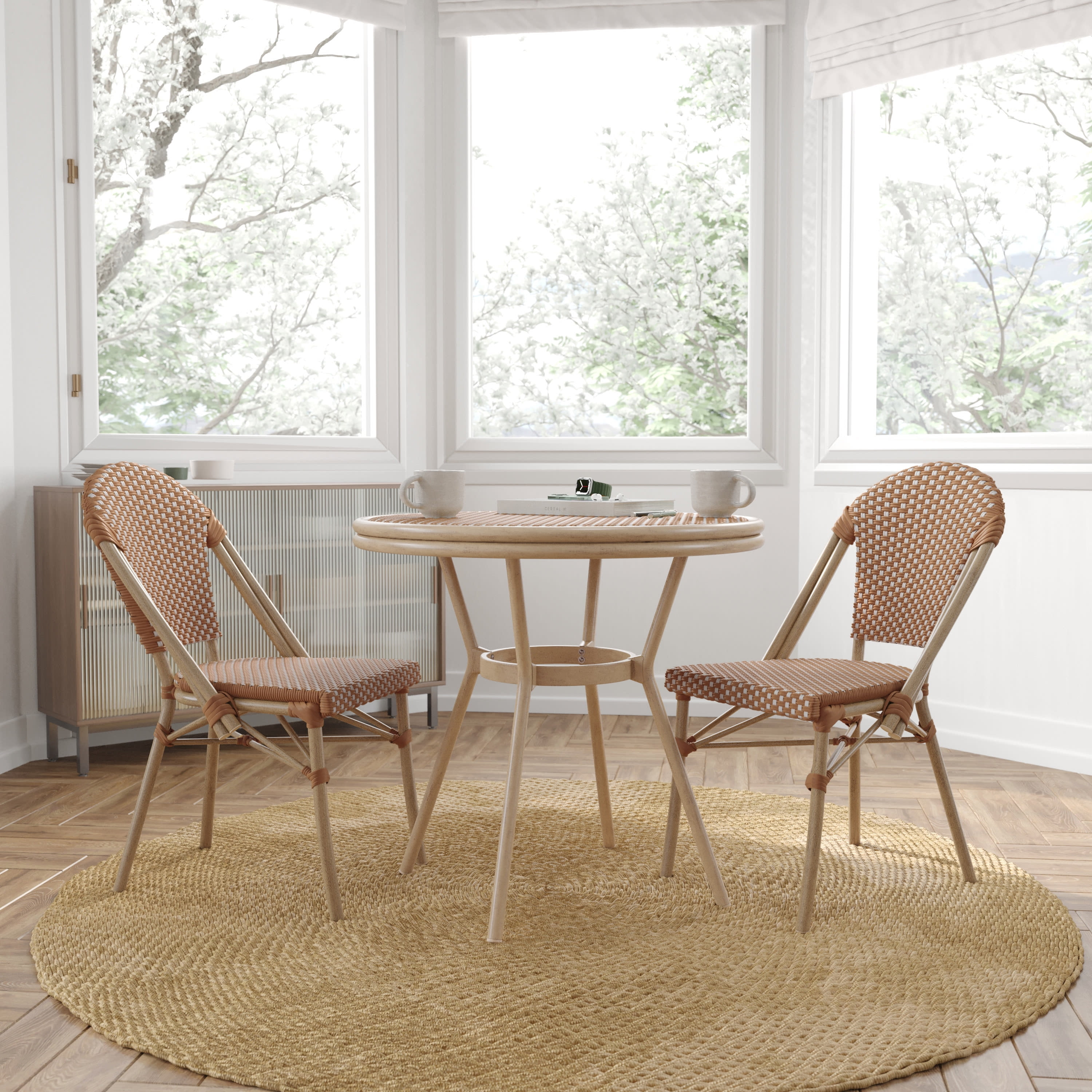 Merrick Lane French Bistro Style Table with Glass Top, Black Textilene ...