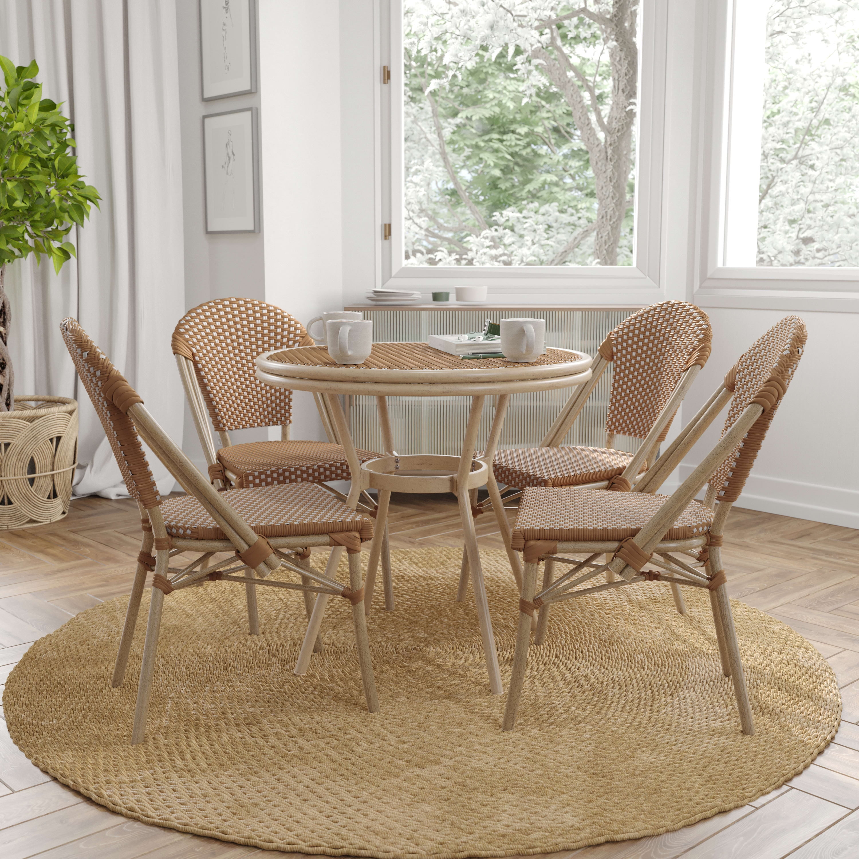 Merrick Lane French Bistro Style Table with Glass Top, Black Textilene ...