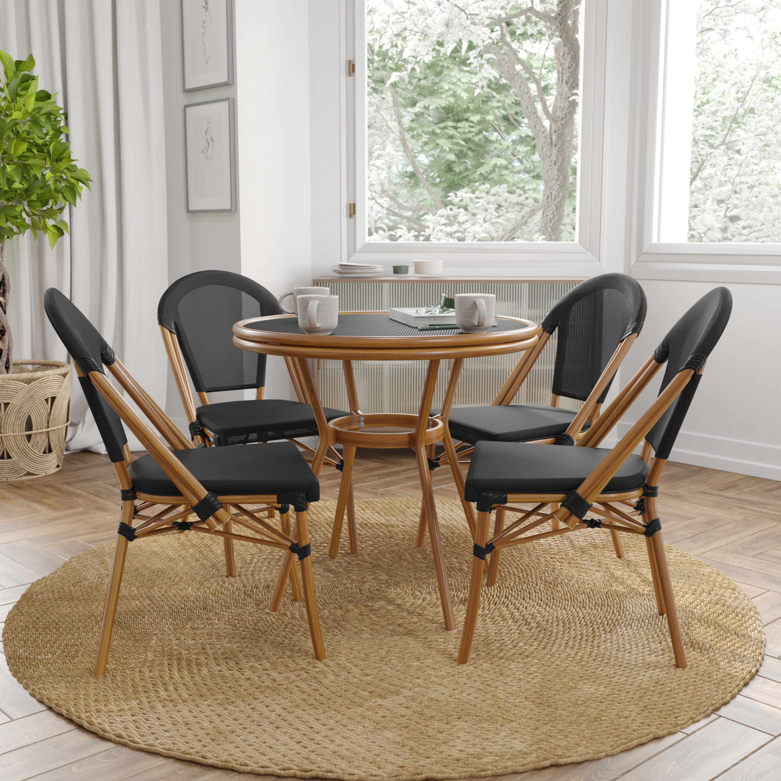 Merrick Lane French Bistro Style Table with Glass Top, Navy & White PE ...