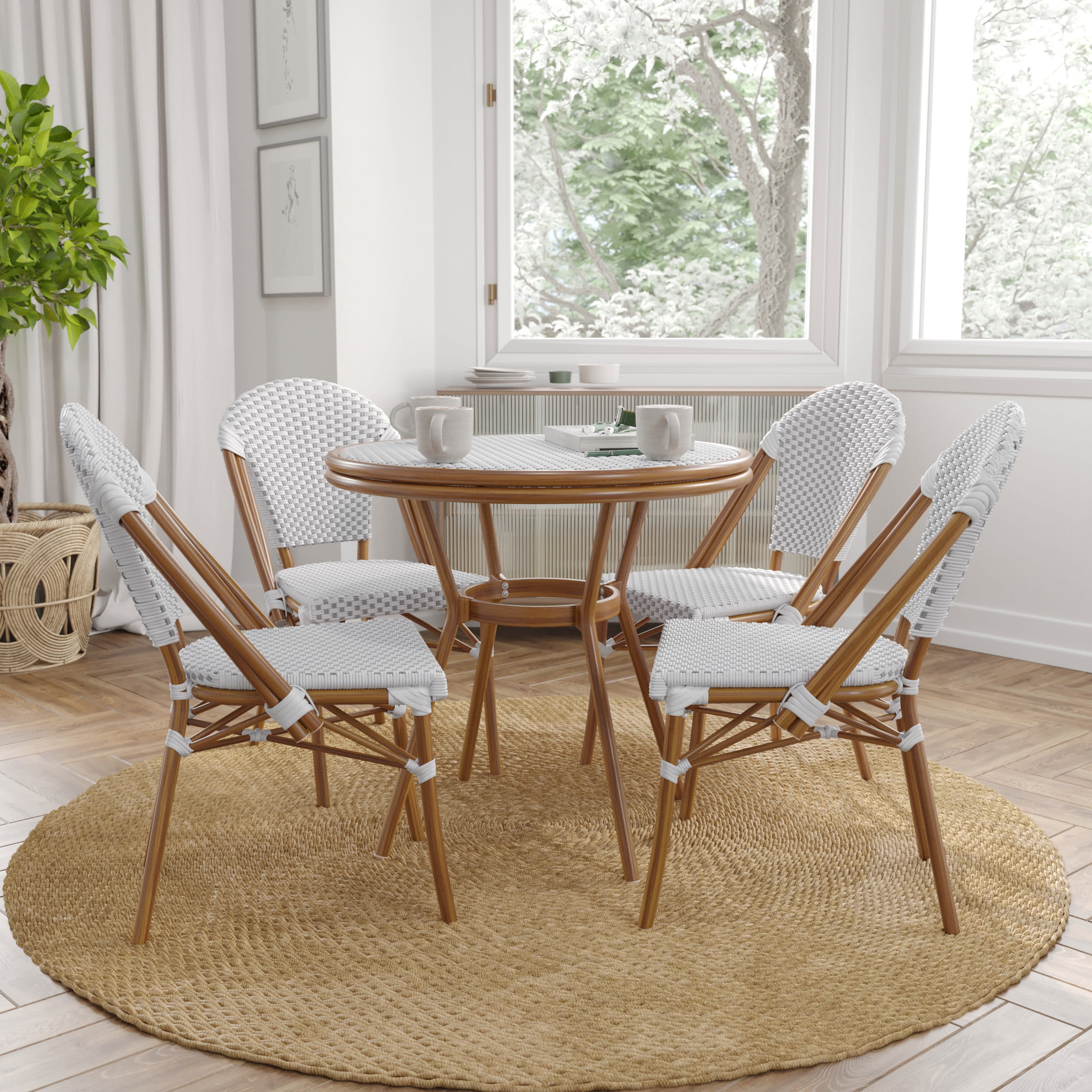 Merrick Lane Bistro Style Table with Glass Top, White & Gray PE Rattan ...