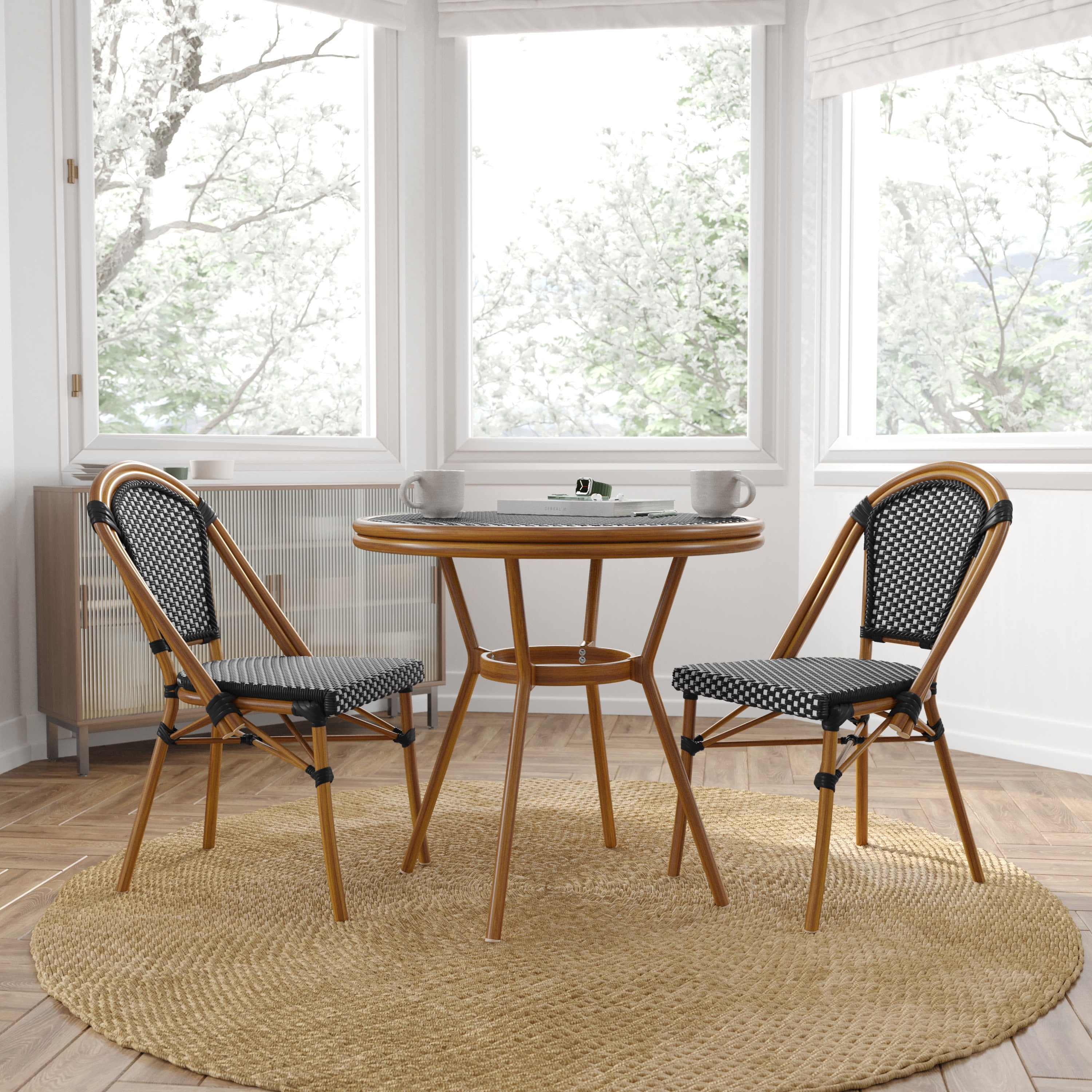 Merrick Lane French Bistro Style Table with Glass Top, White & Gray PE ...