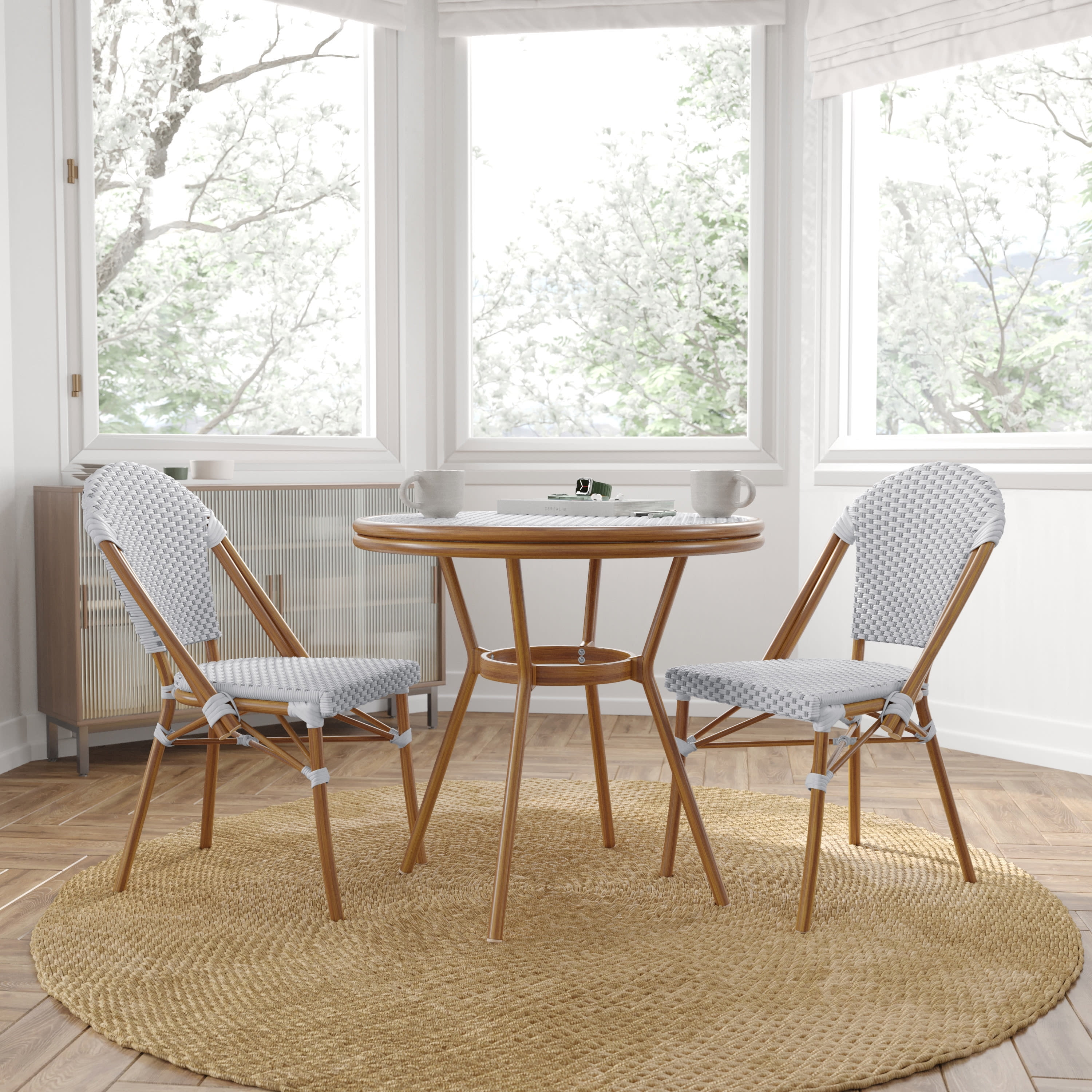 Merrick Lane French Bistro Style Table with Glass Top, White & Navy PE ...