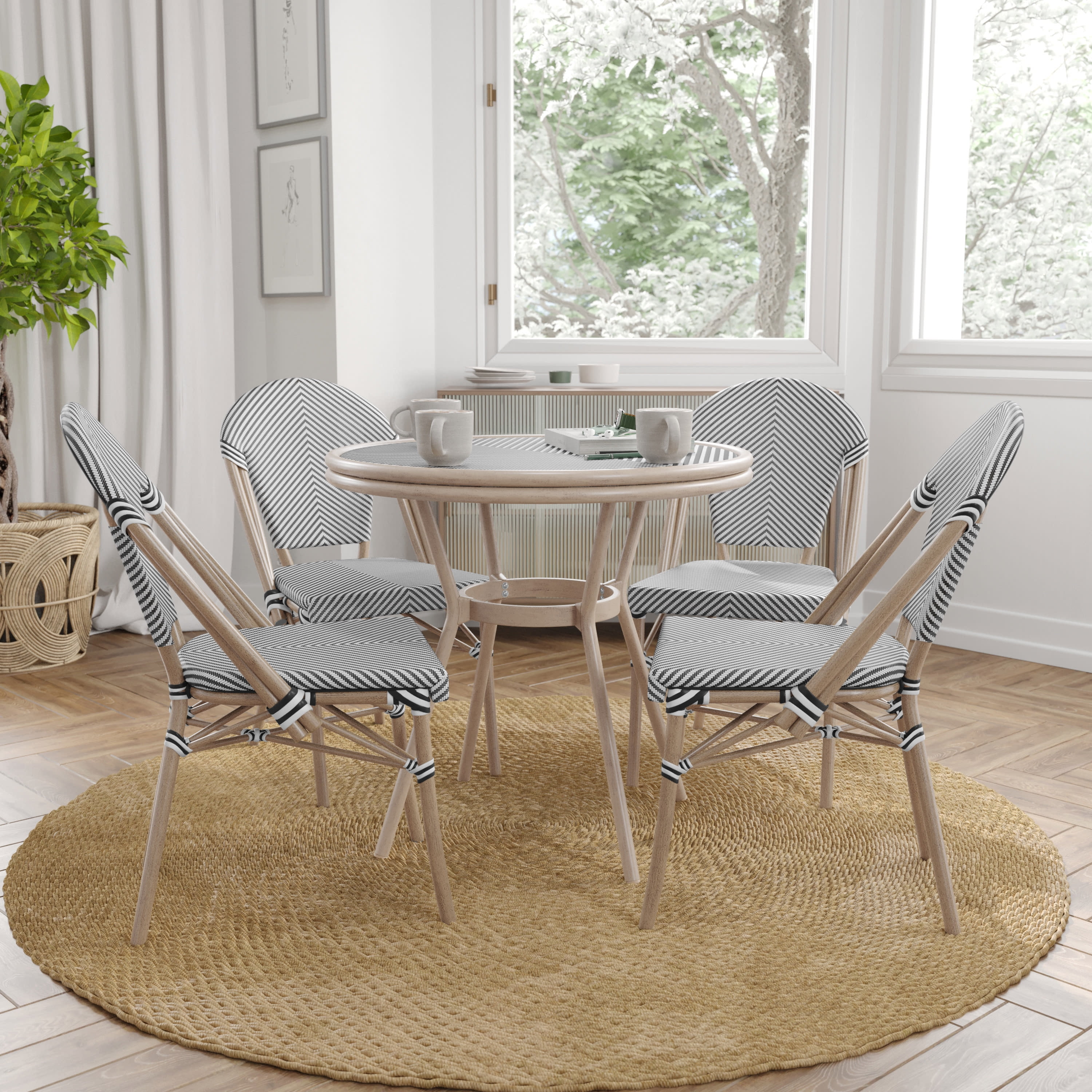 Merrick Lane French Bistro Style Table with Glass Top, White & Navy PE ...