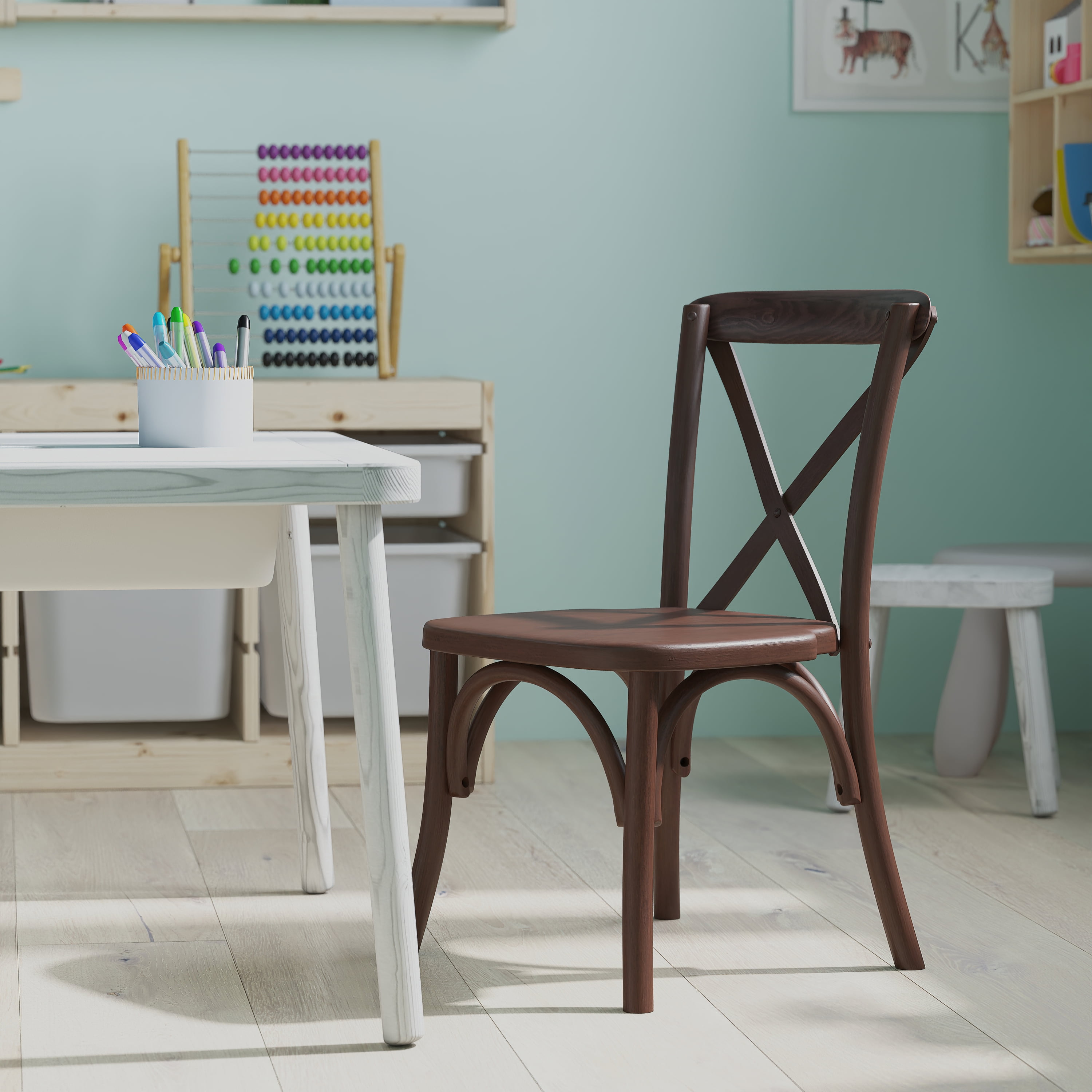 Merrick Lane Kid's Stackable Ash Wood Crossback Chair in a Mahogany ...