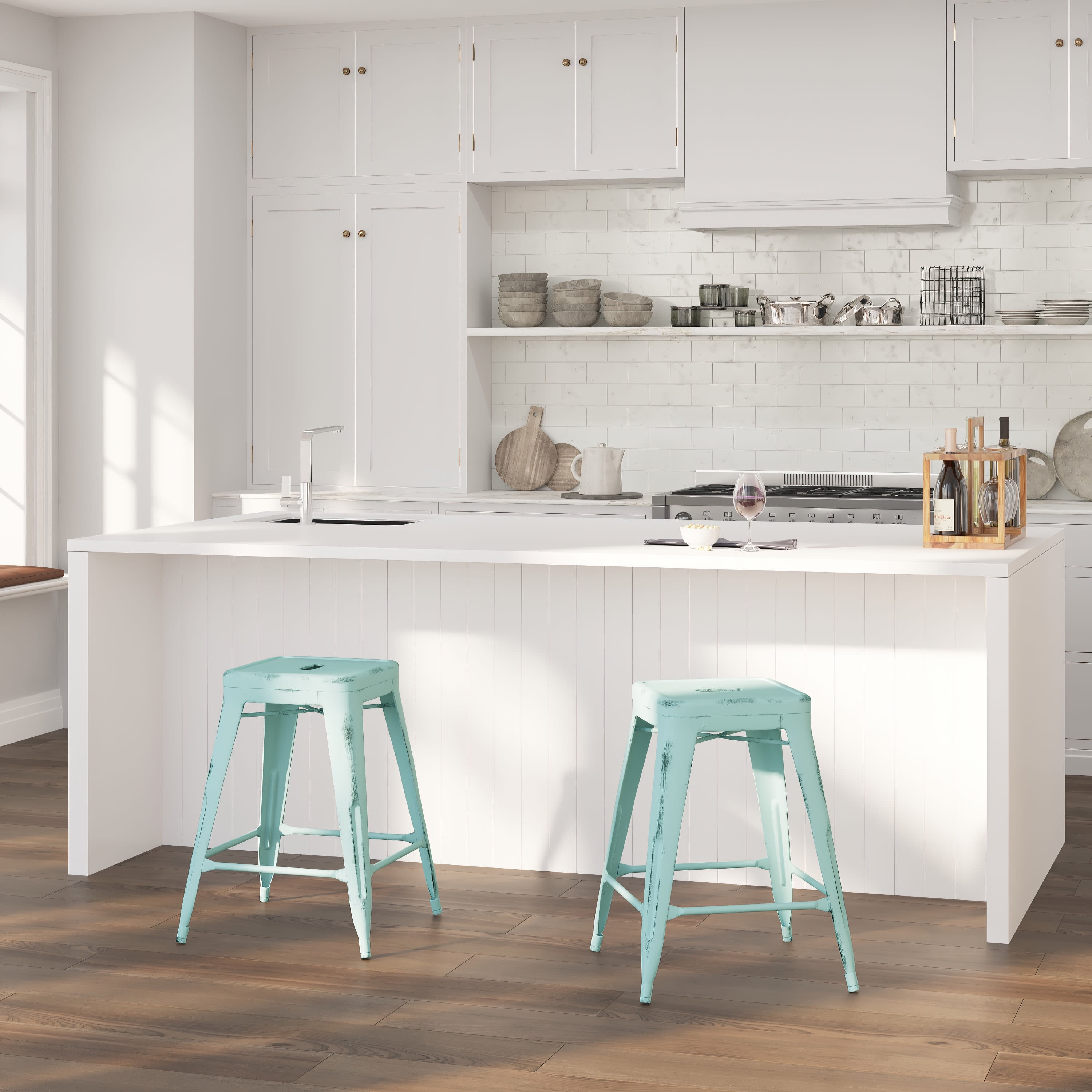 Merrick Lane Metal 24" Counter Height Stool with Distressed Green Blue ...