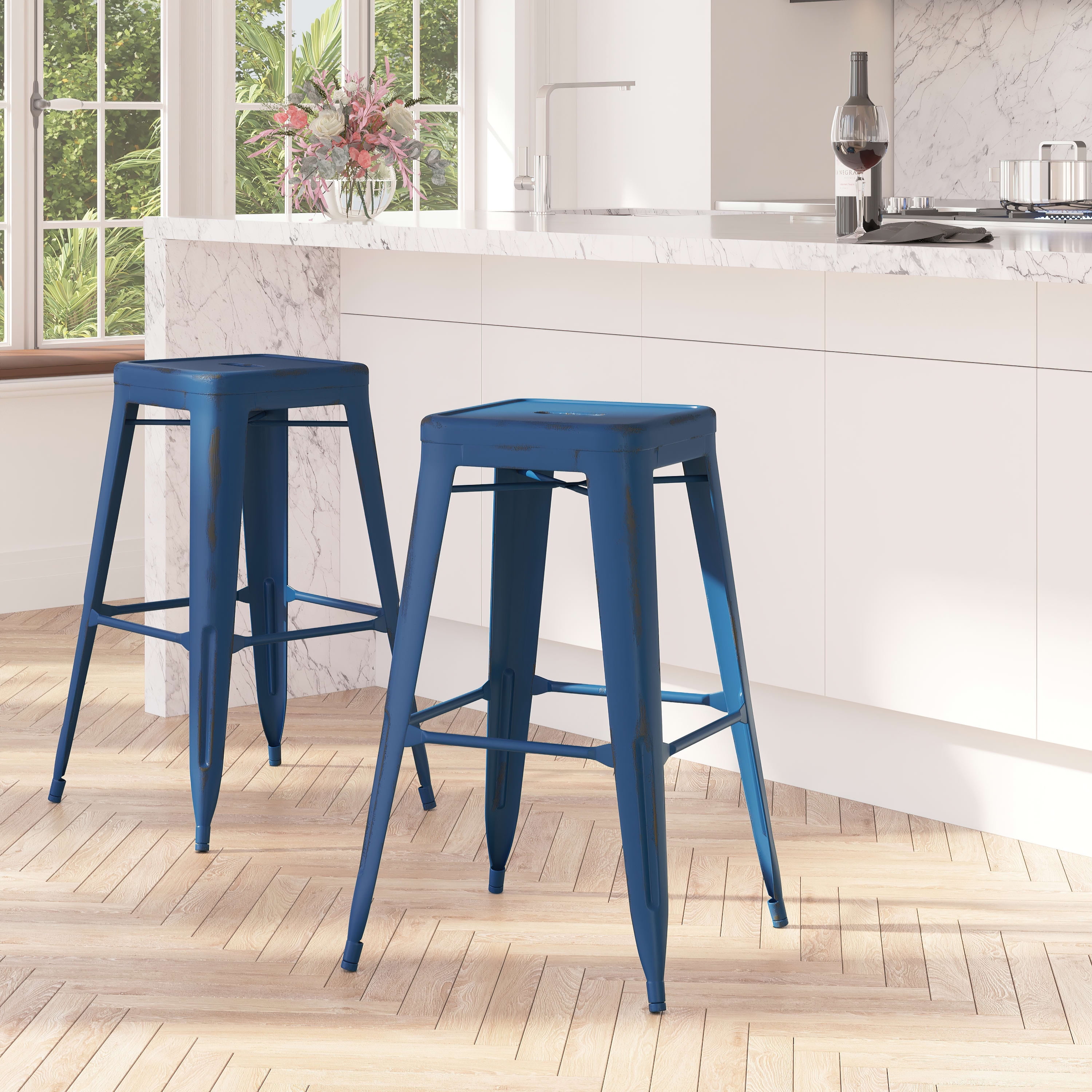 Merrick Lane Metal 30" Bar Height Stool with Distressed Antique Blue ...