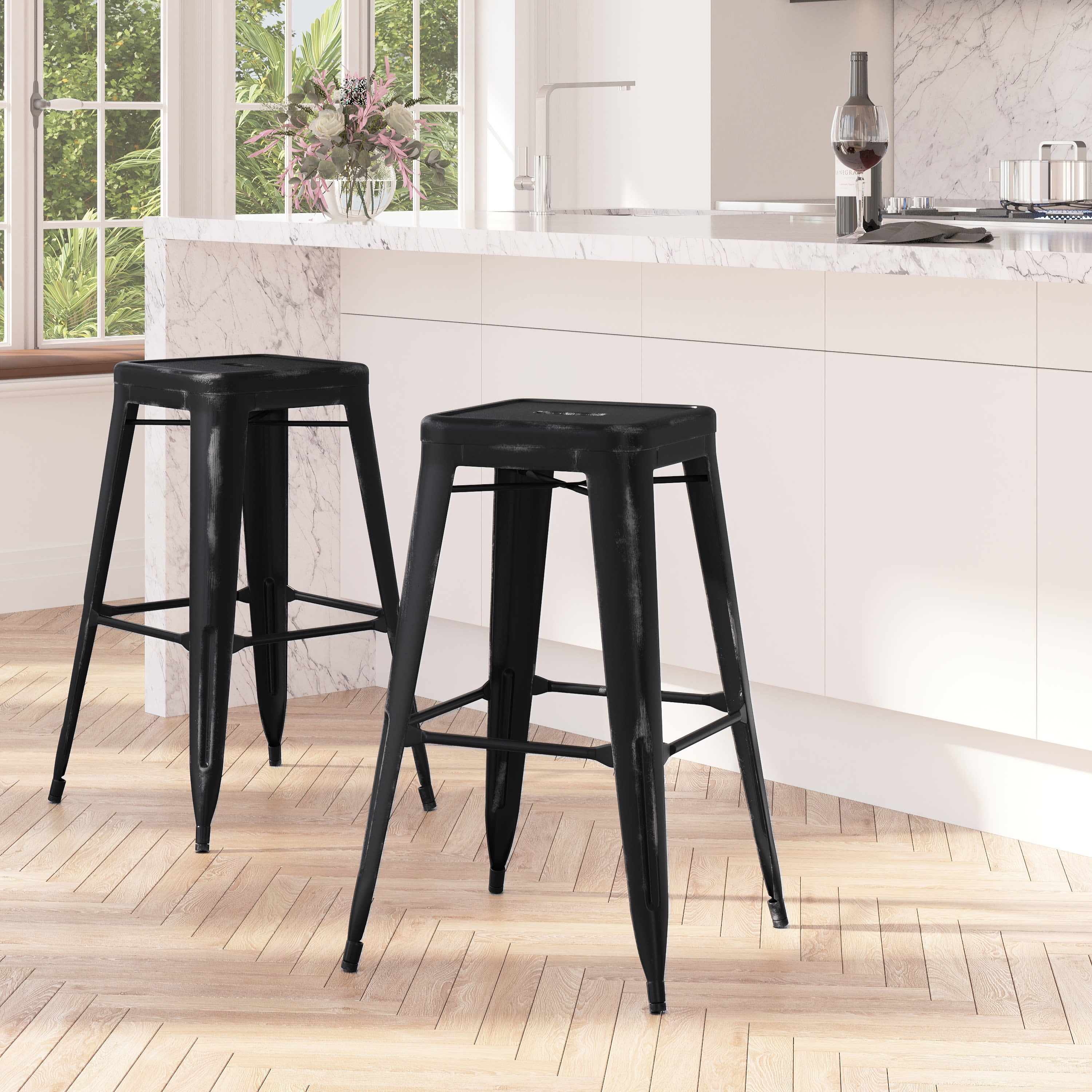 Merrick Lane Metal 30" Bar Height Stool with Distressed Black Powder ...