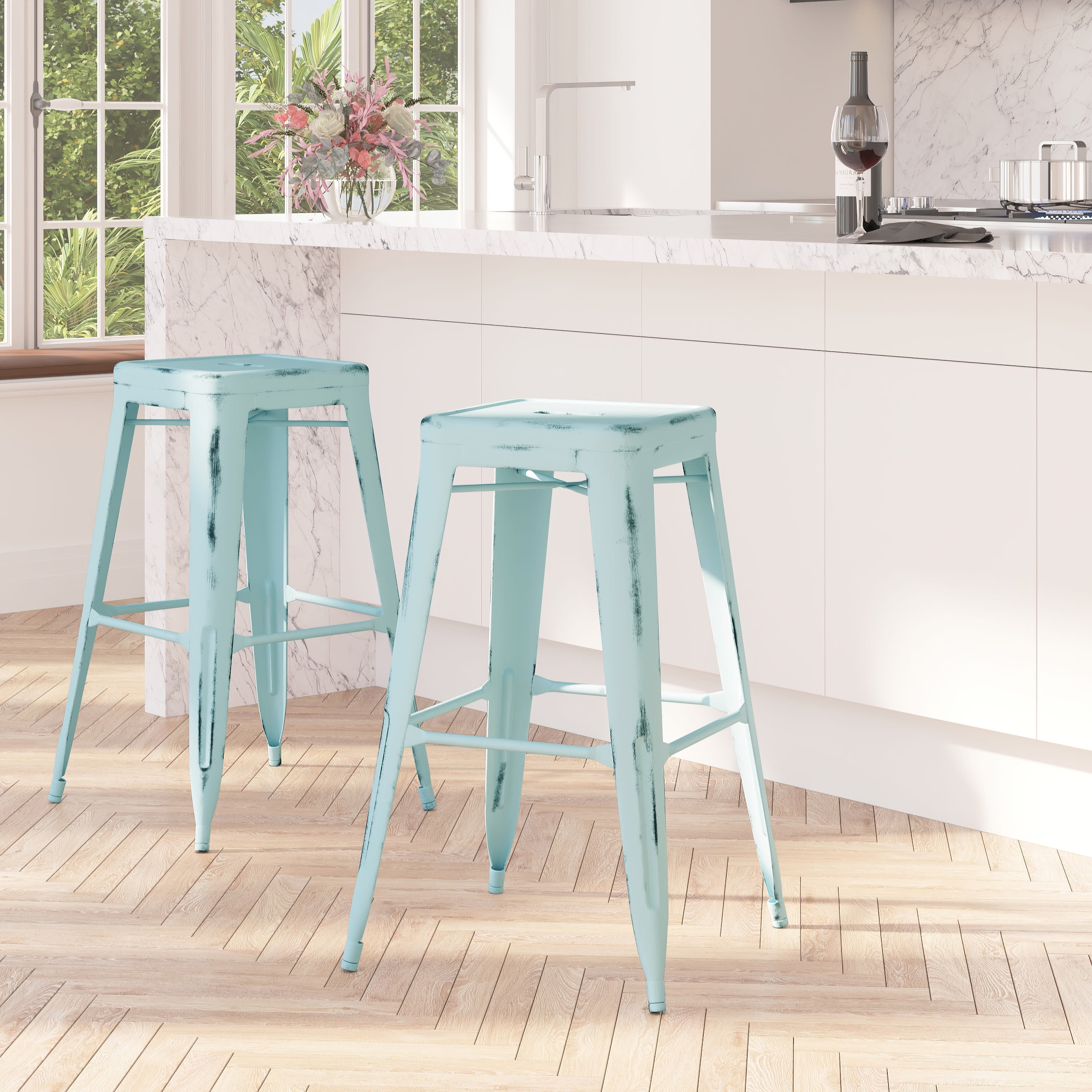 Merrick Lane Metal 30" Bar Height Stool with Distressed Green Blue ...