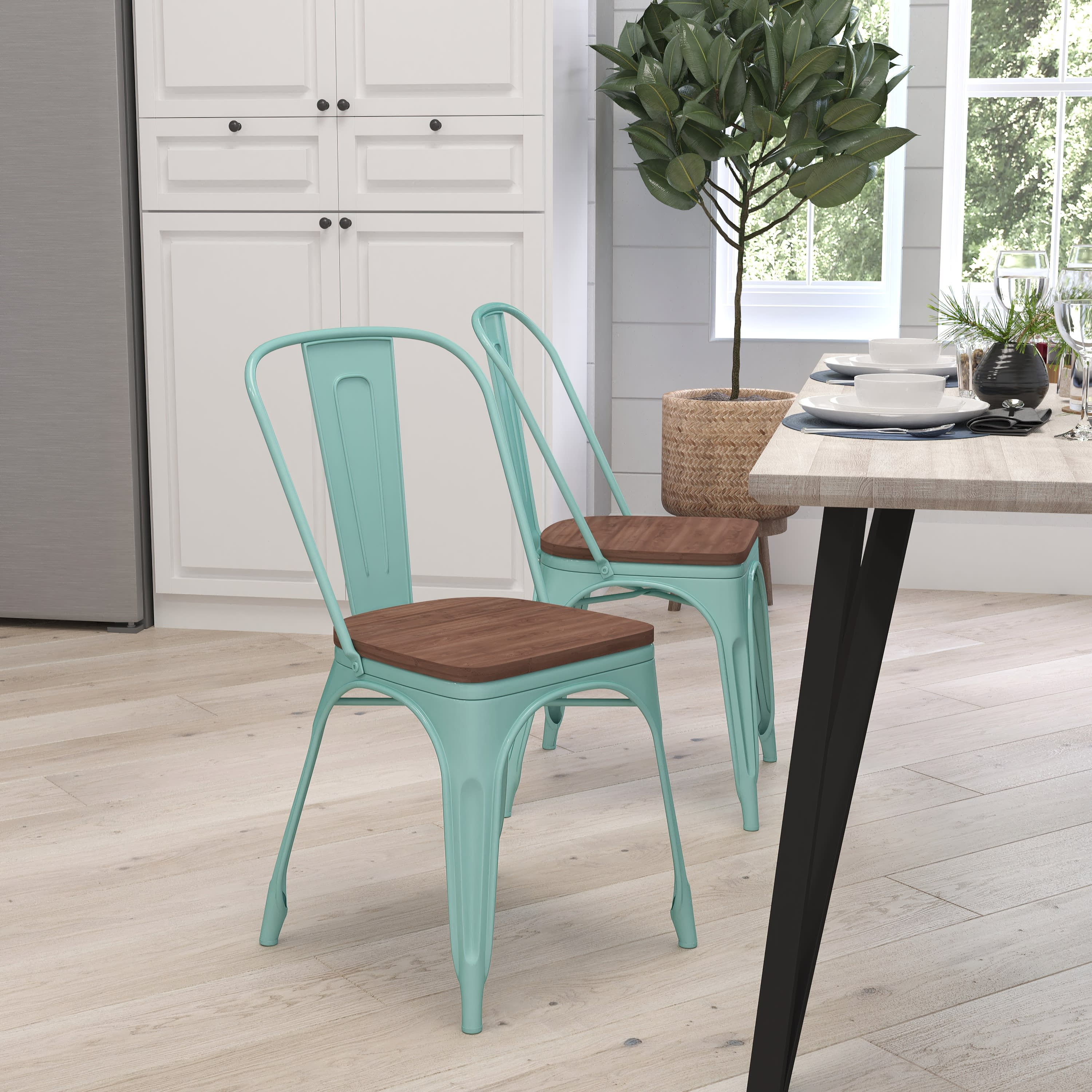 Merrick Lane Dining Stackable Metal Chair in Mint Green, Rustic Wood ...