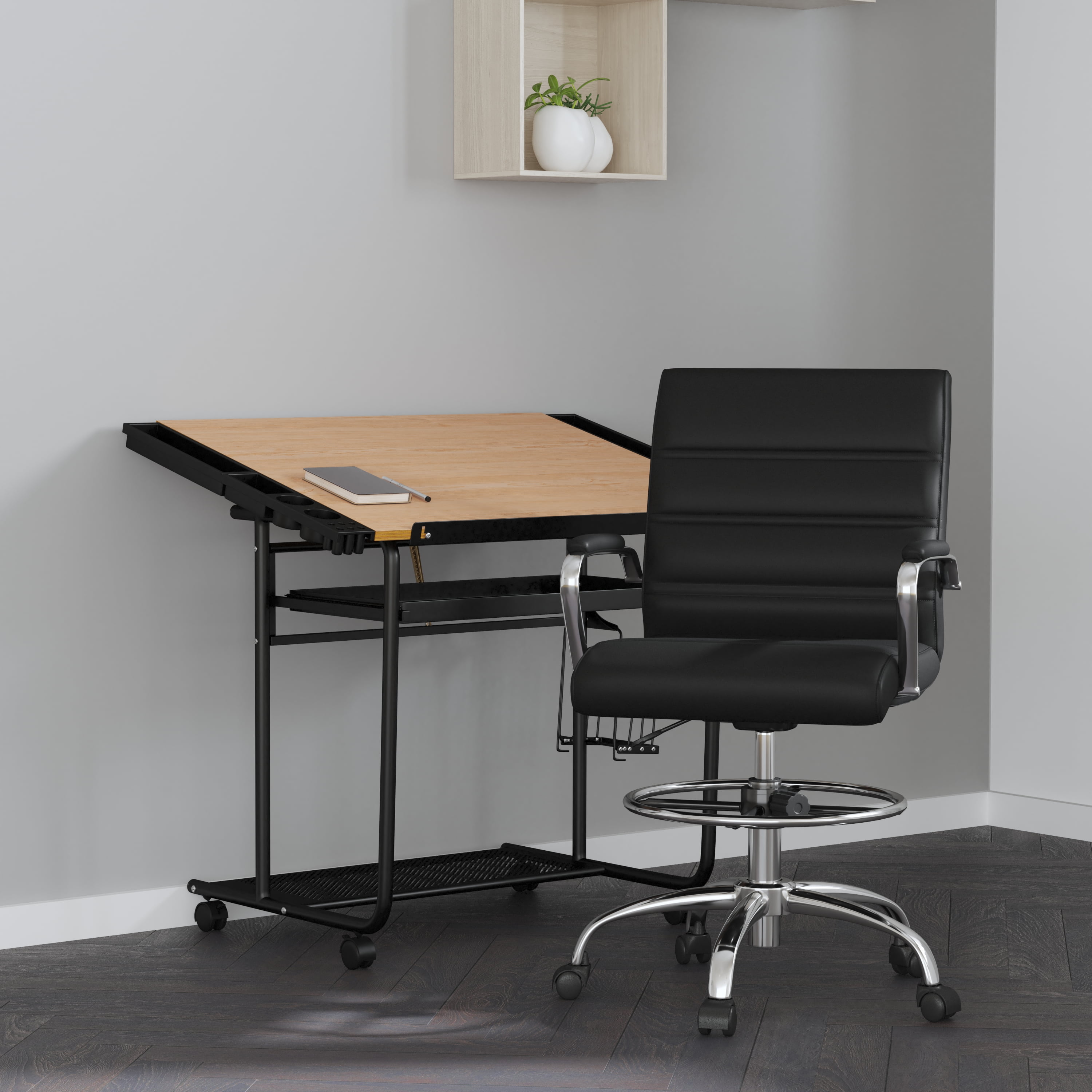 Merrick Lane Mid-Back Drafting Chair with Adjustable Foot Ring Black ...