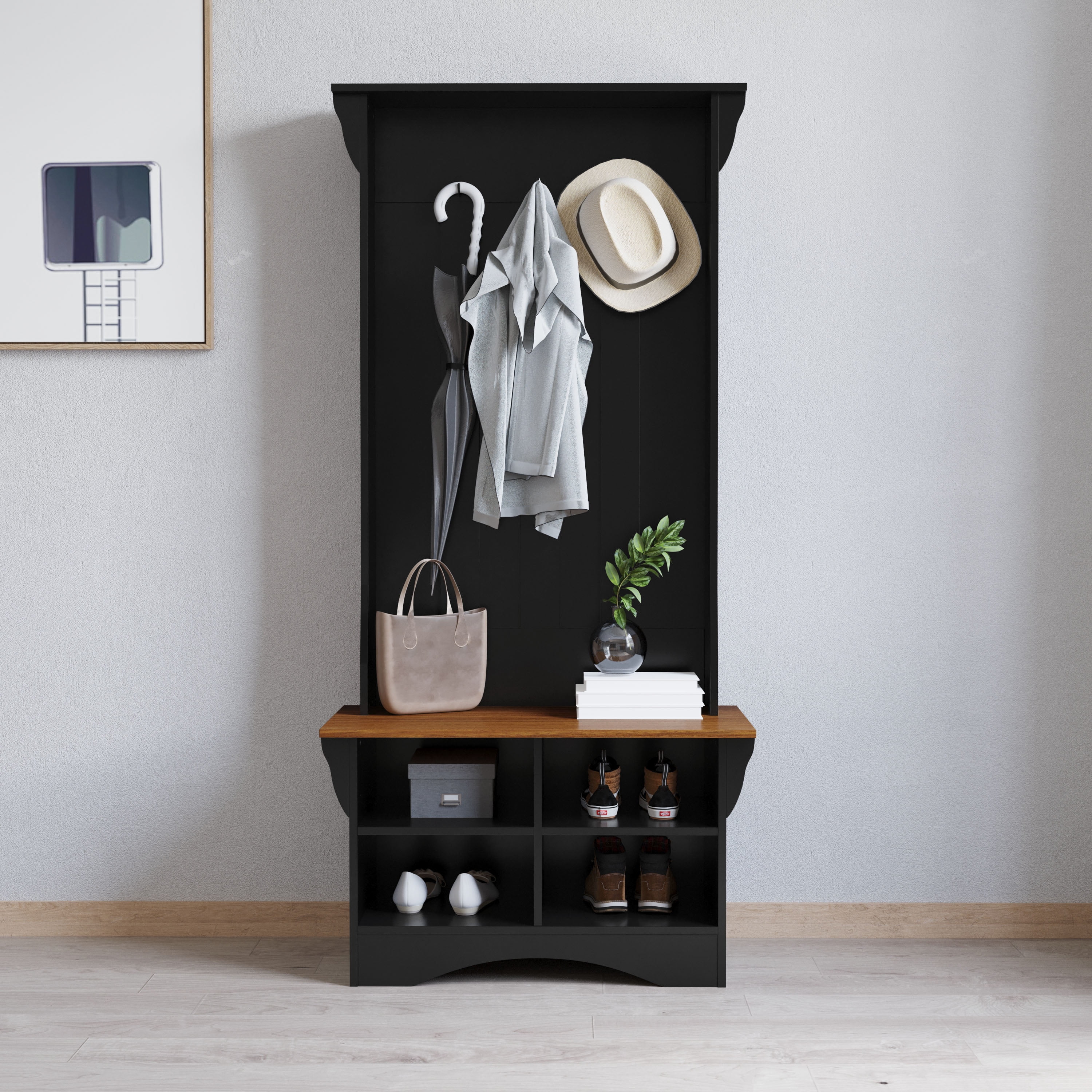 Merrick Lane Modern Hallway Tree with Bench Seating, Black & Walnut ...