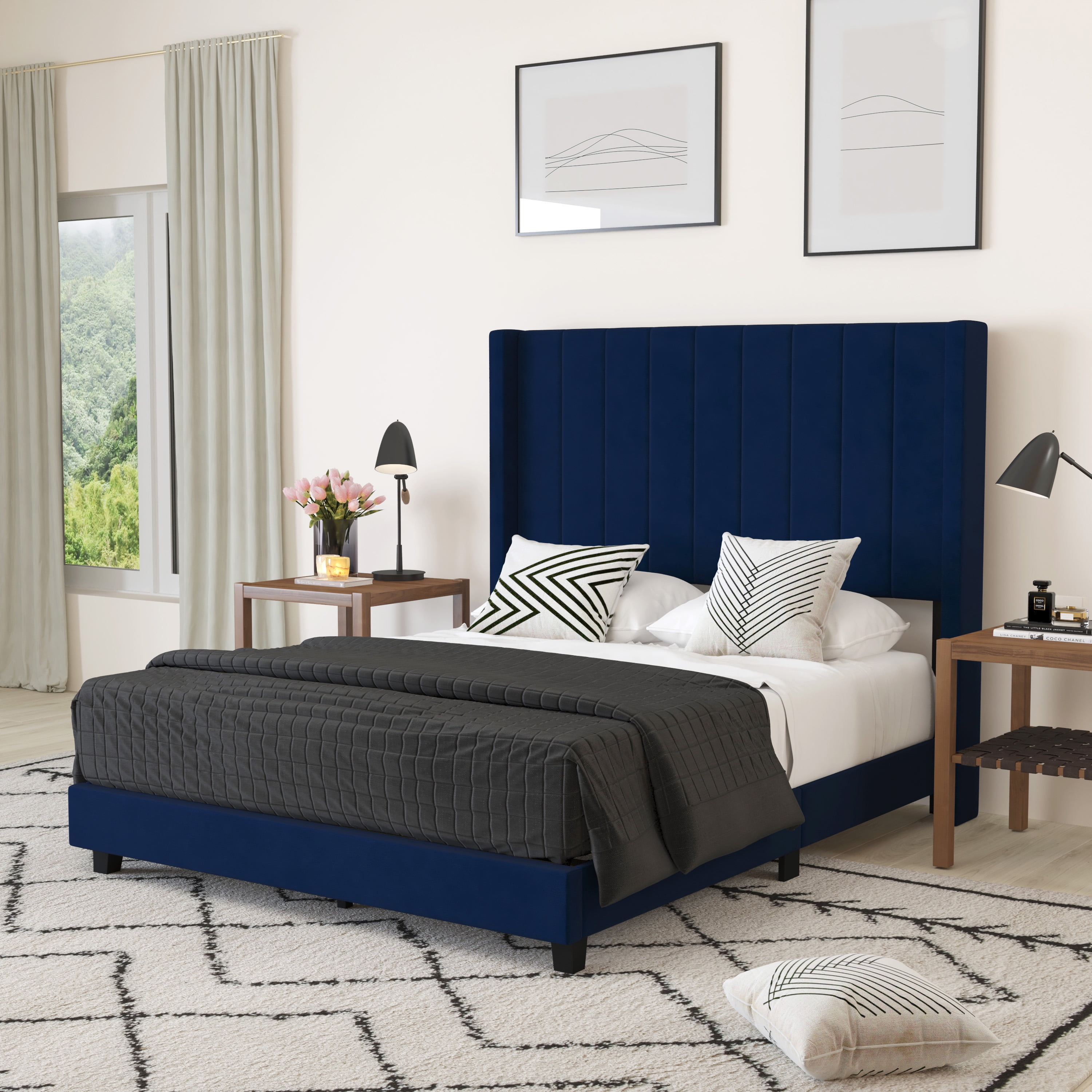 Merrick Lane Modern Navy Velvet Upholstered Full Platform Bed Frame ...
