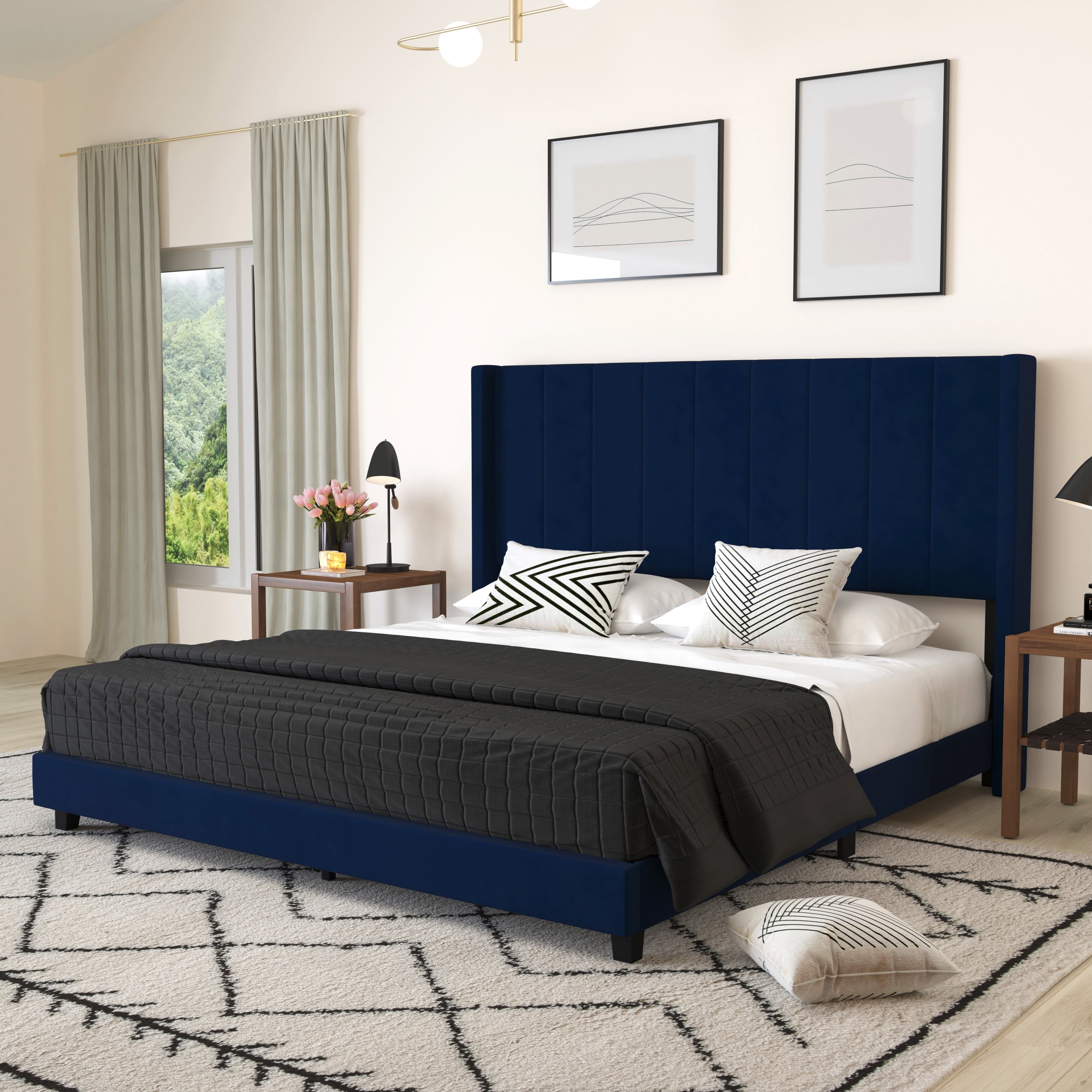 Merrick Lane Modern Navy Velvet Upholstered King Platform Bed Frame ...