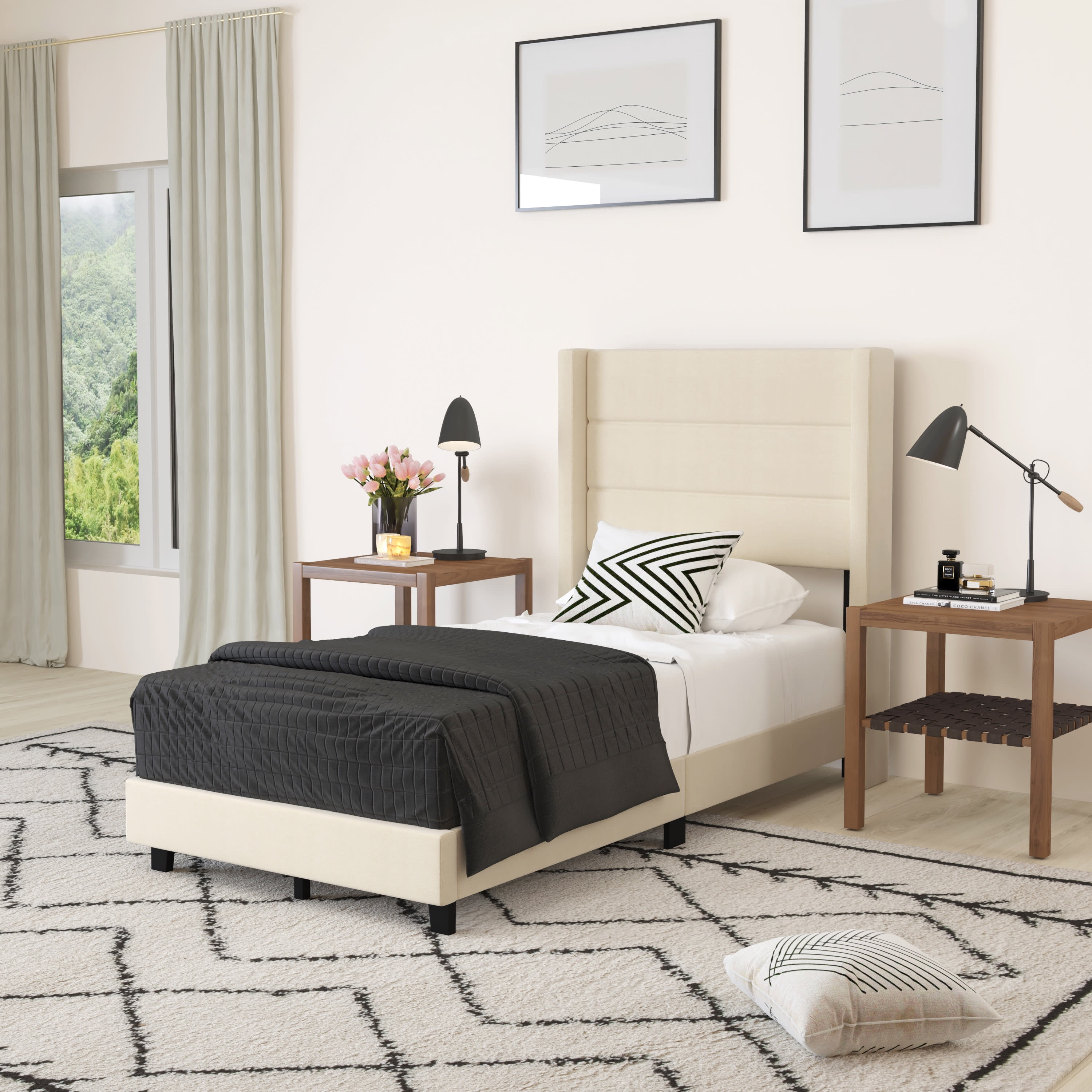 Merrick Lane Modern Twin Bed with Padded Beige Faux Linen Upholstered ...