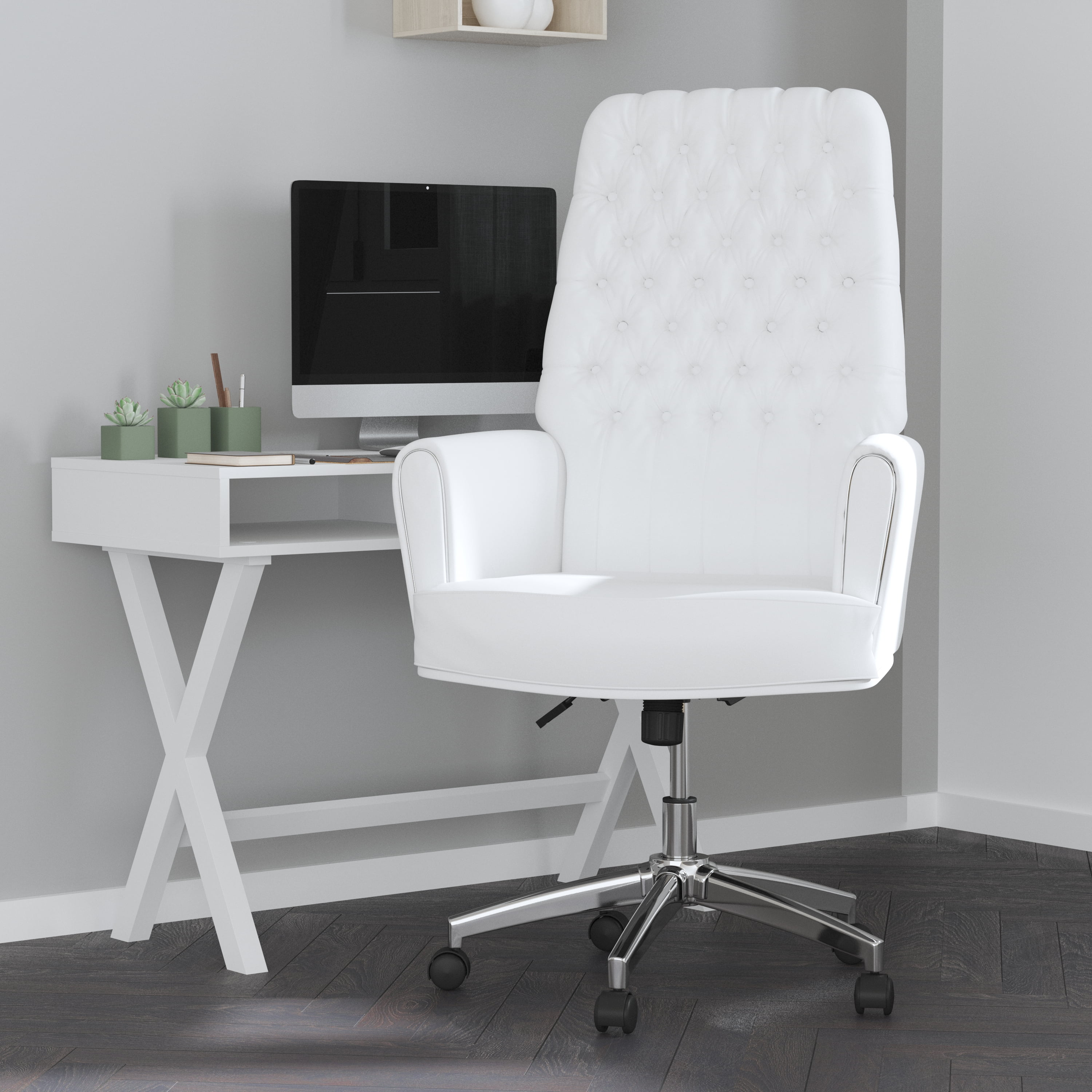 Merrick Lane Office Chair Ergonomic Executive White Tufted Faux Leather ...