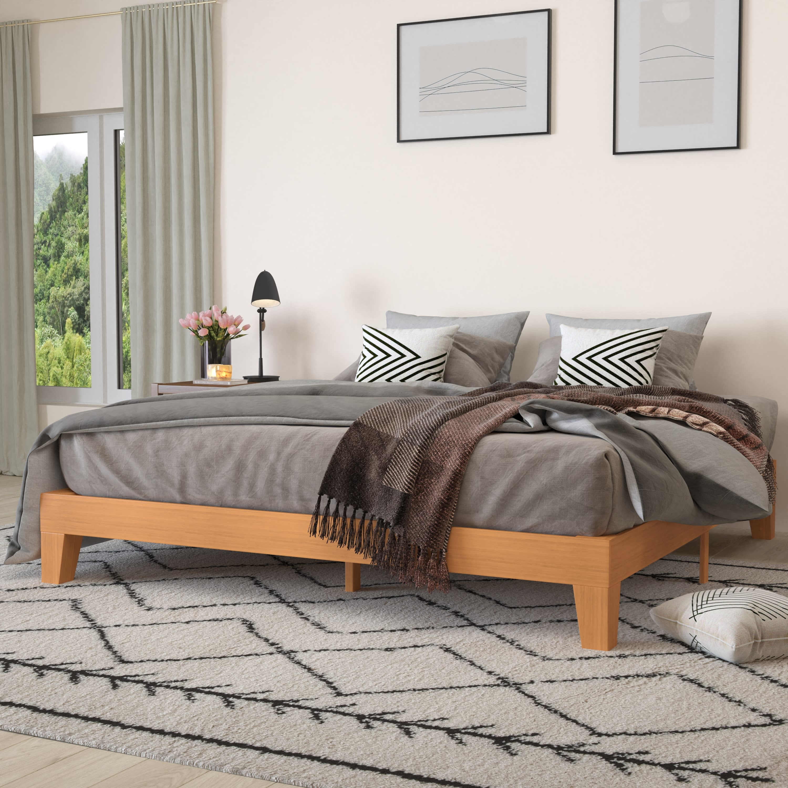 Merrick Lane Platform Bed Frame, Natural Pine Finish Wood King Size ...
