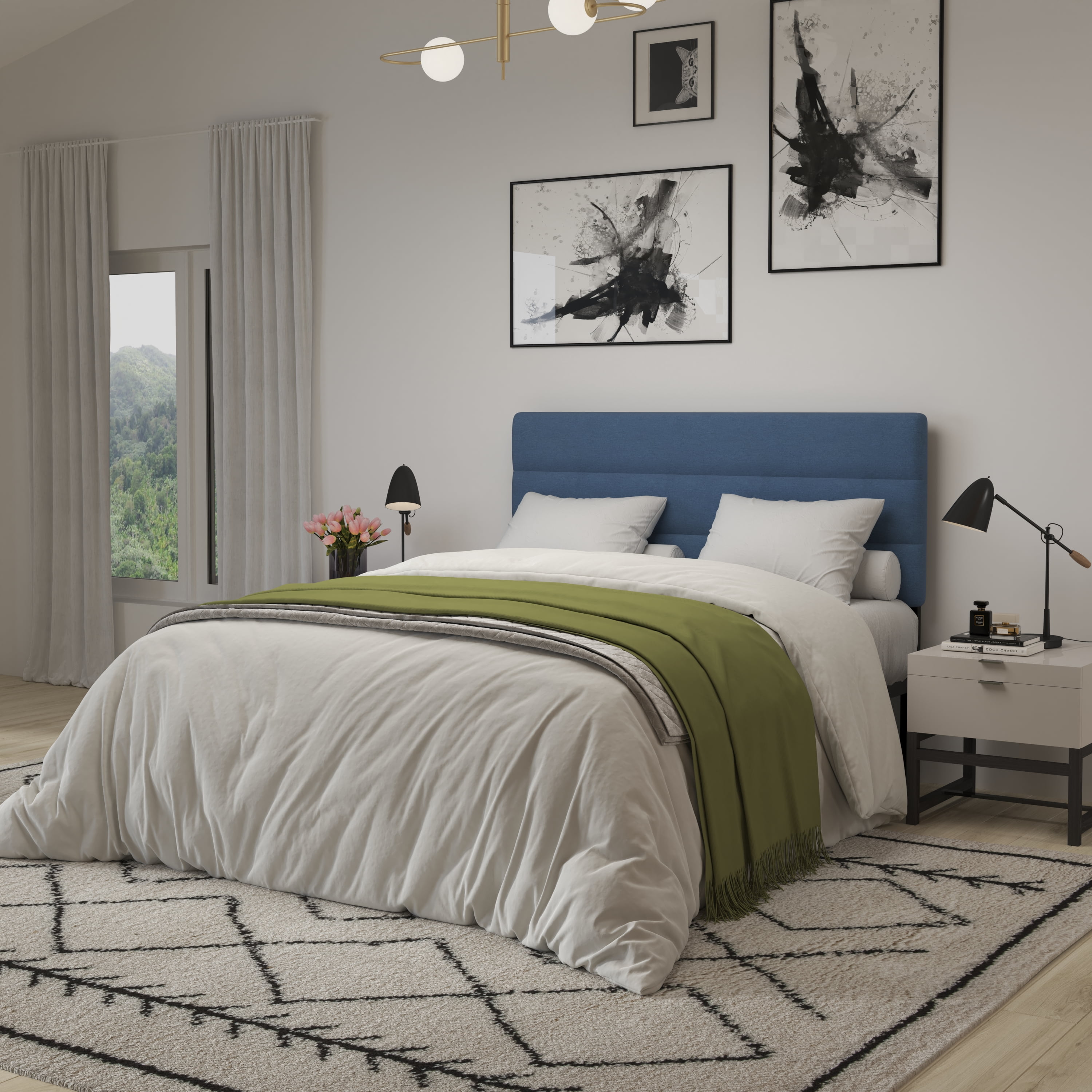 Merrick Lane Queen Headboard with Blue Tufted Fabric Upholstery and ...