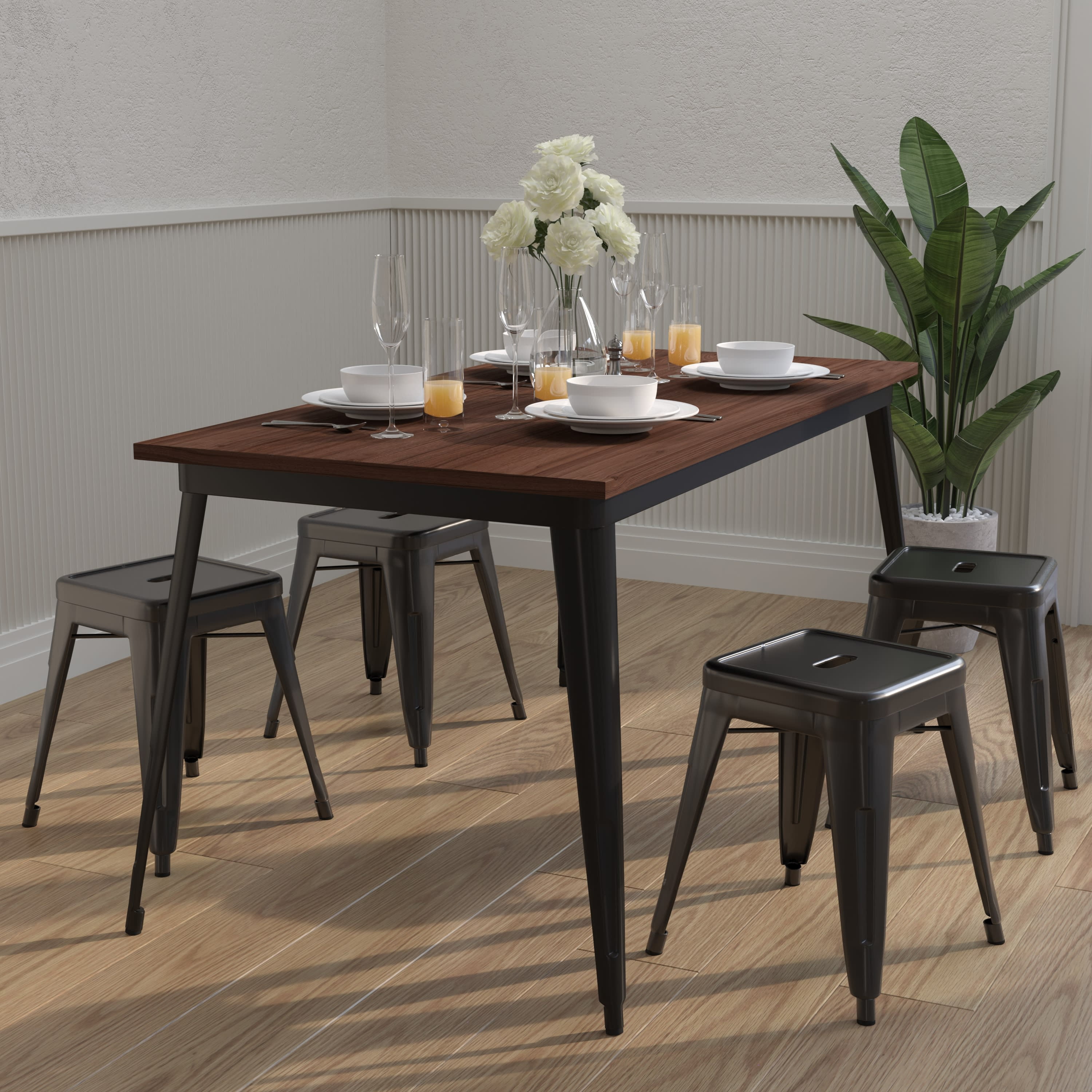 Merrick Lane Rectangular Black Steel Frame Square Table With Walnut ...