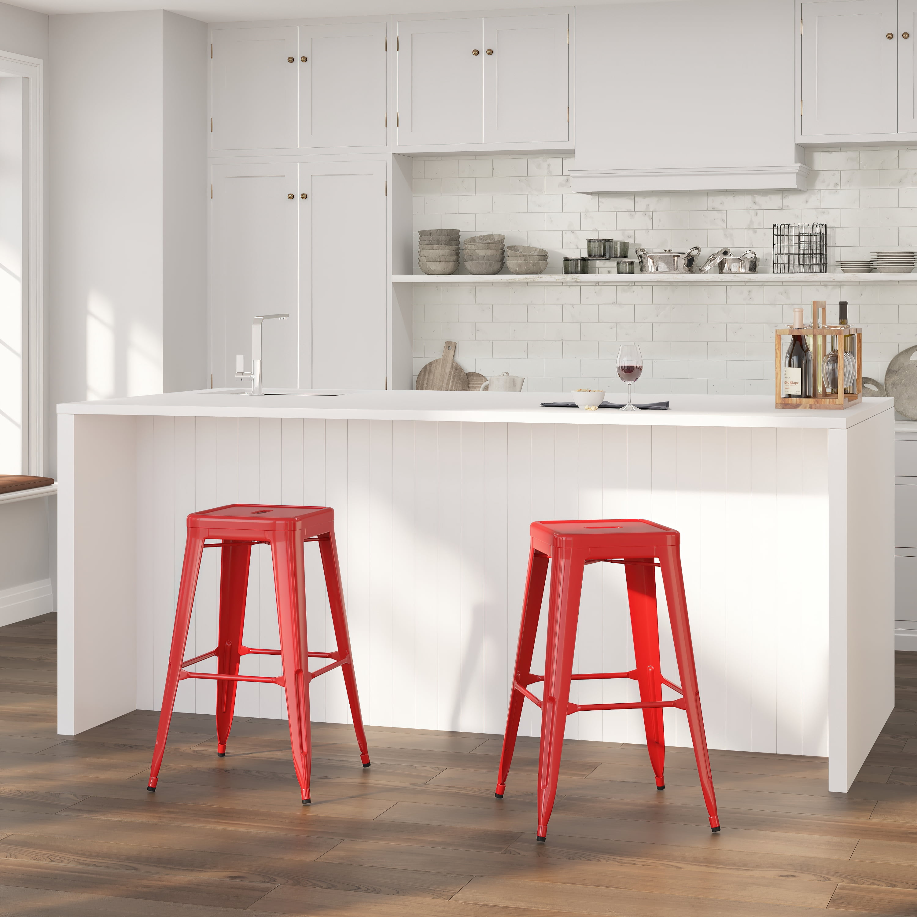 Merrick Lane Red 30" High Backless Metal Bar Height Stool with Square ...