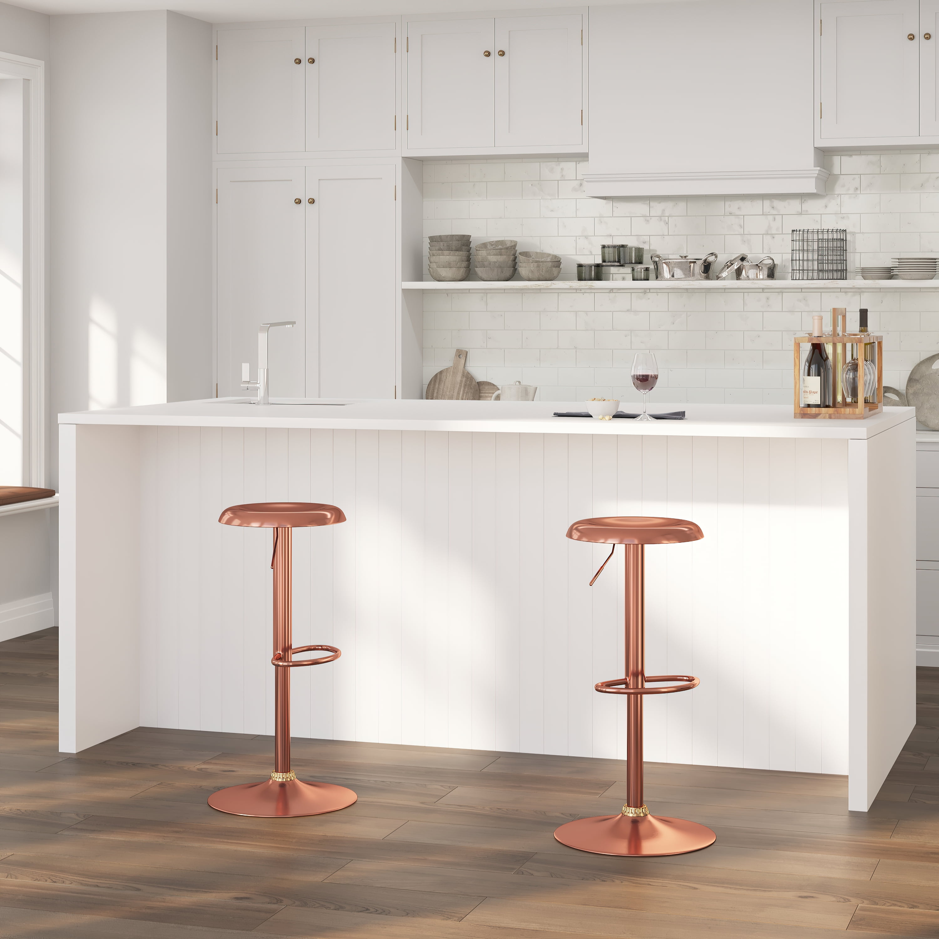 Merrick Lane Retro Style Height Adjustable Barstool with Footrest in Rose Gold