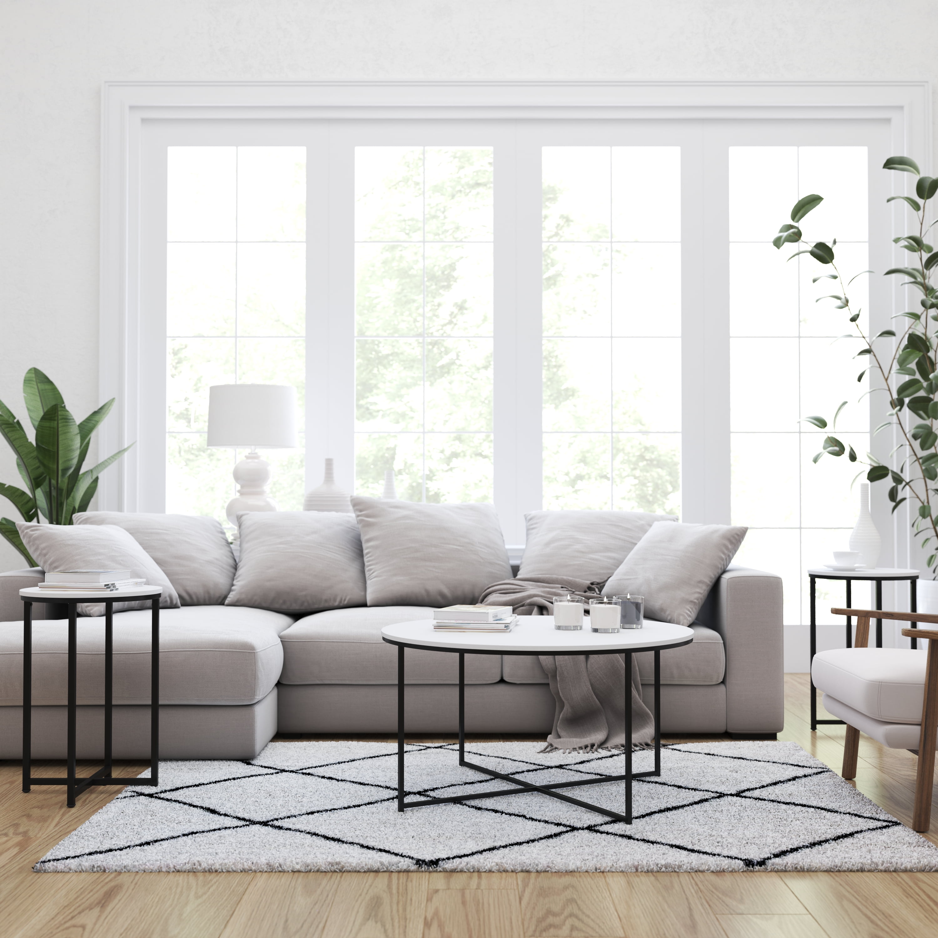 Merrick Lane Round Coffee Table Set - 3 Piece White Coffee Table Set ...