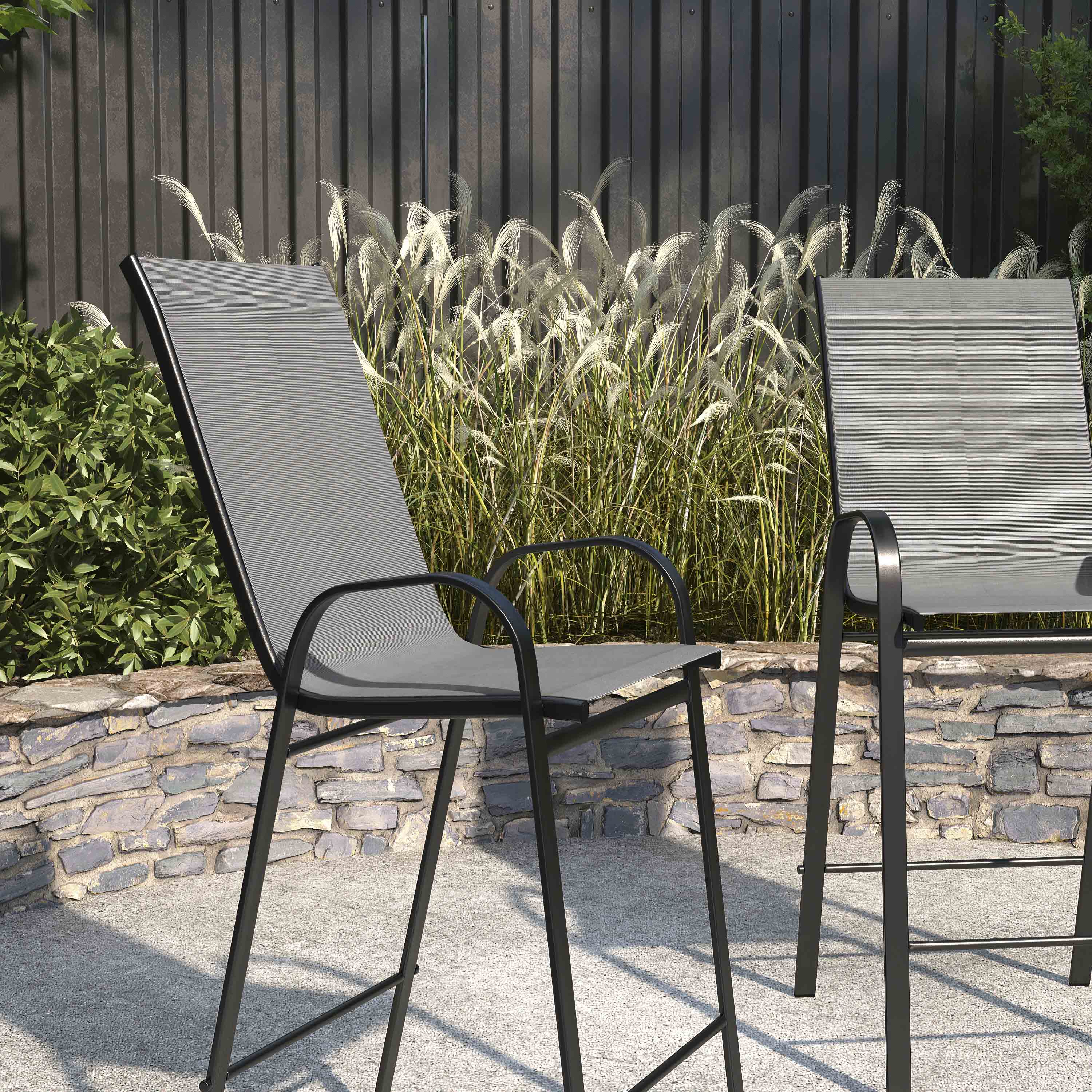 Merrick Lane Set of 2 Metal Bar Height Patio Chairs with Gray Flex ...