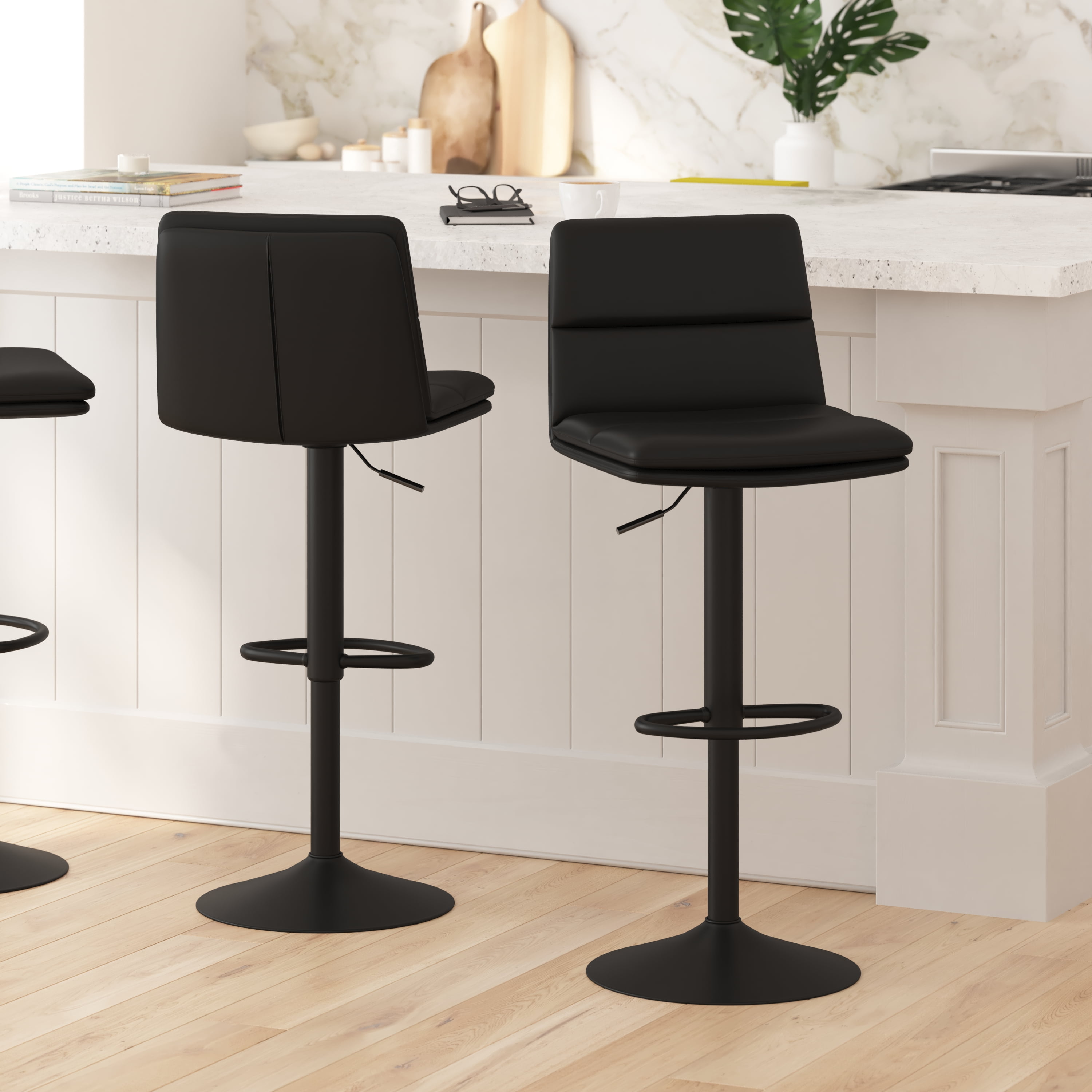 Merrick Lane Set of 2 Modern Bar Stools, Faux Leather Upholstered ...