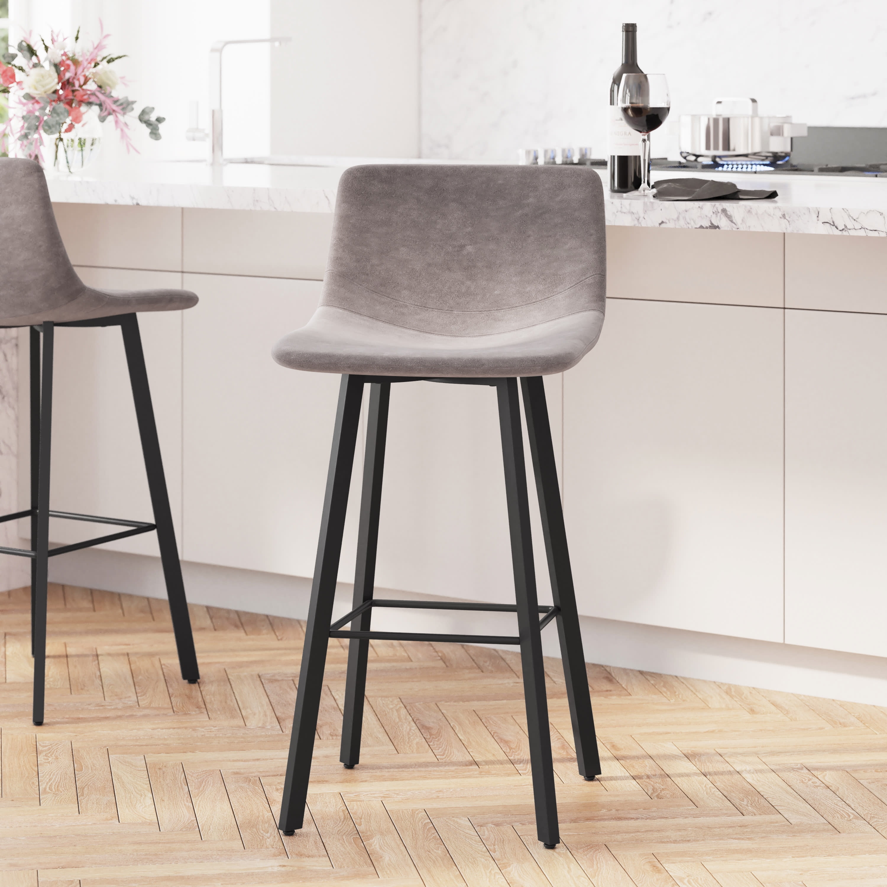 Merrick Lane Gray Faux Leather Low Back Bucket Seat Bar Stools, Gray ...