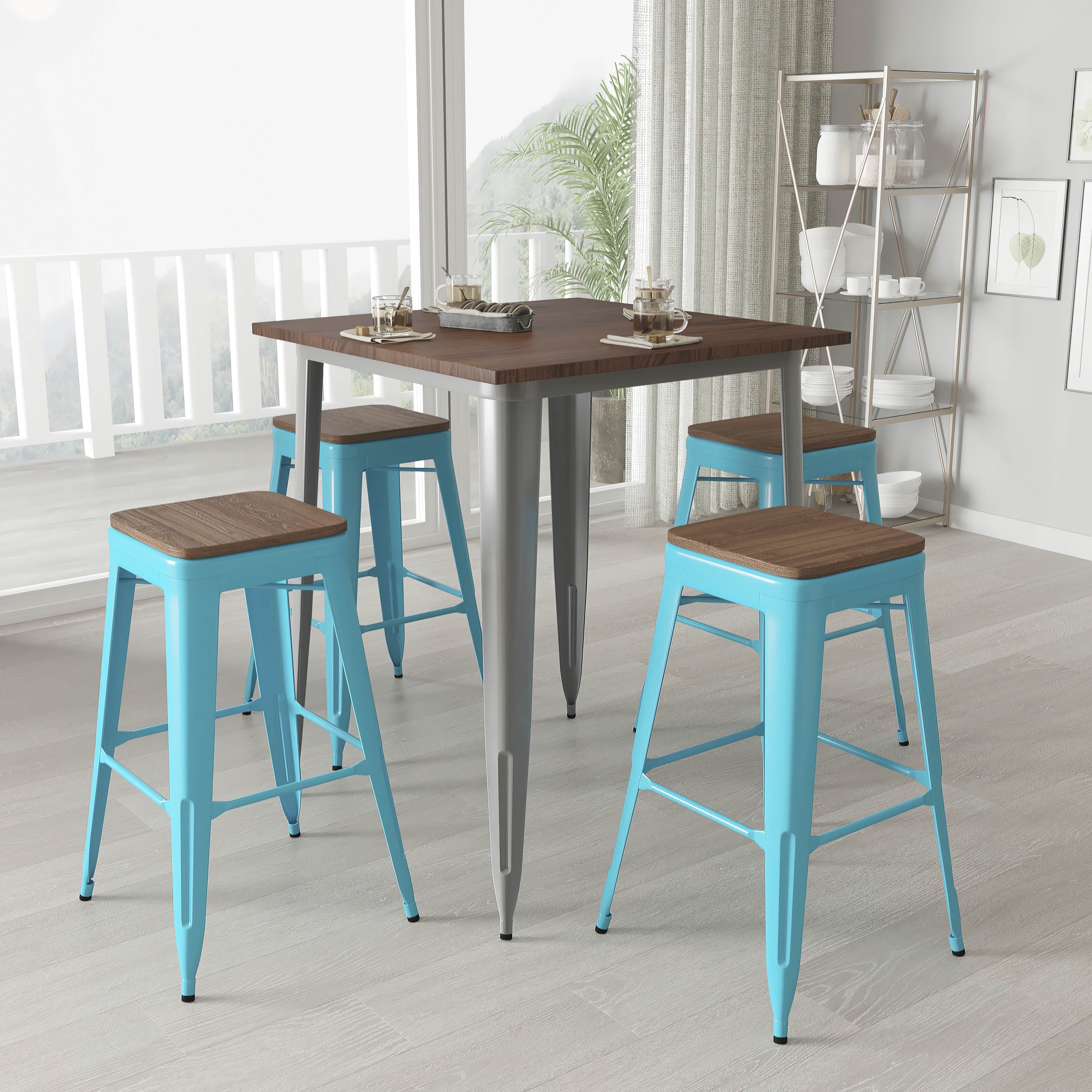 Merrick Lane Set of Four 30 Inch Tall Silver Metal Backless Wood Square ...