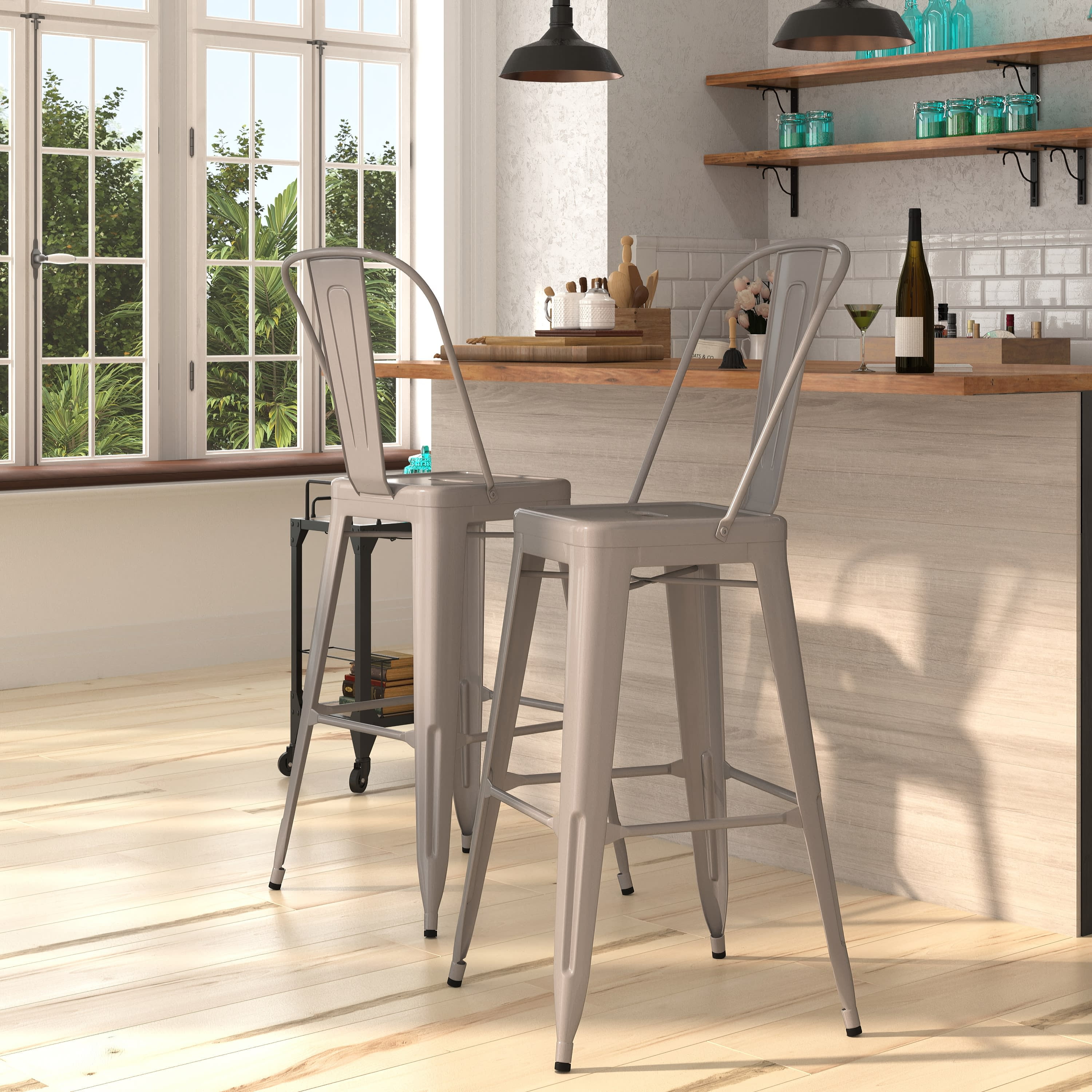 Merrick Lane Silver 30" High Metal Bar Height Stool with Removable Back ...