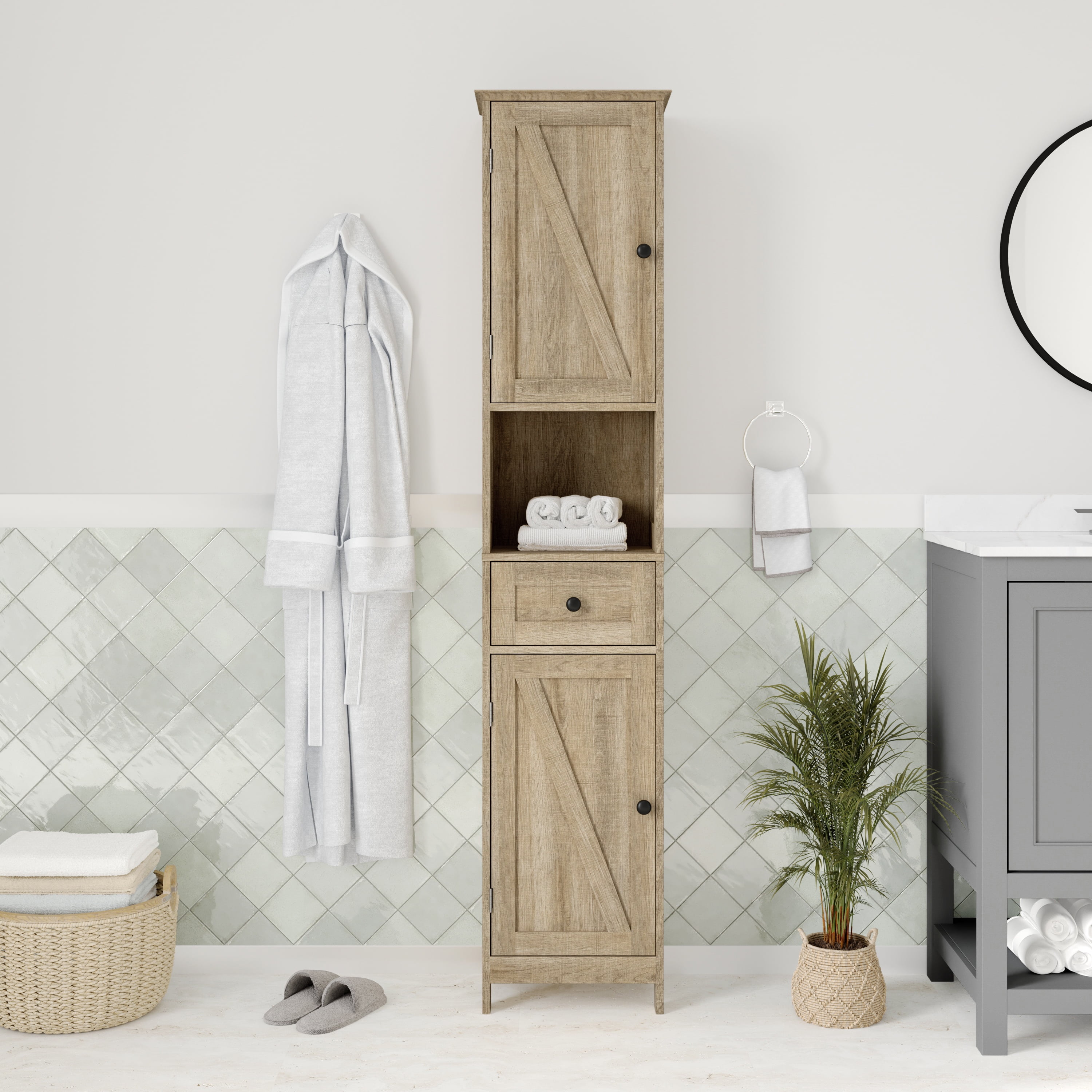 Merrick Lane Slim Linen Tower Organizer with Storage Drawer, Upper and ...