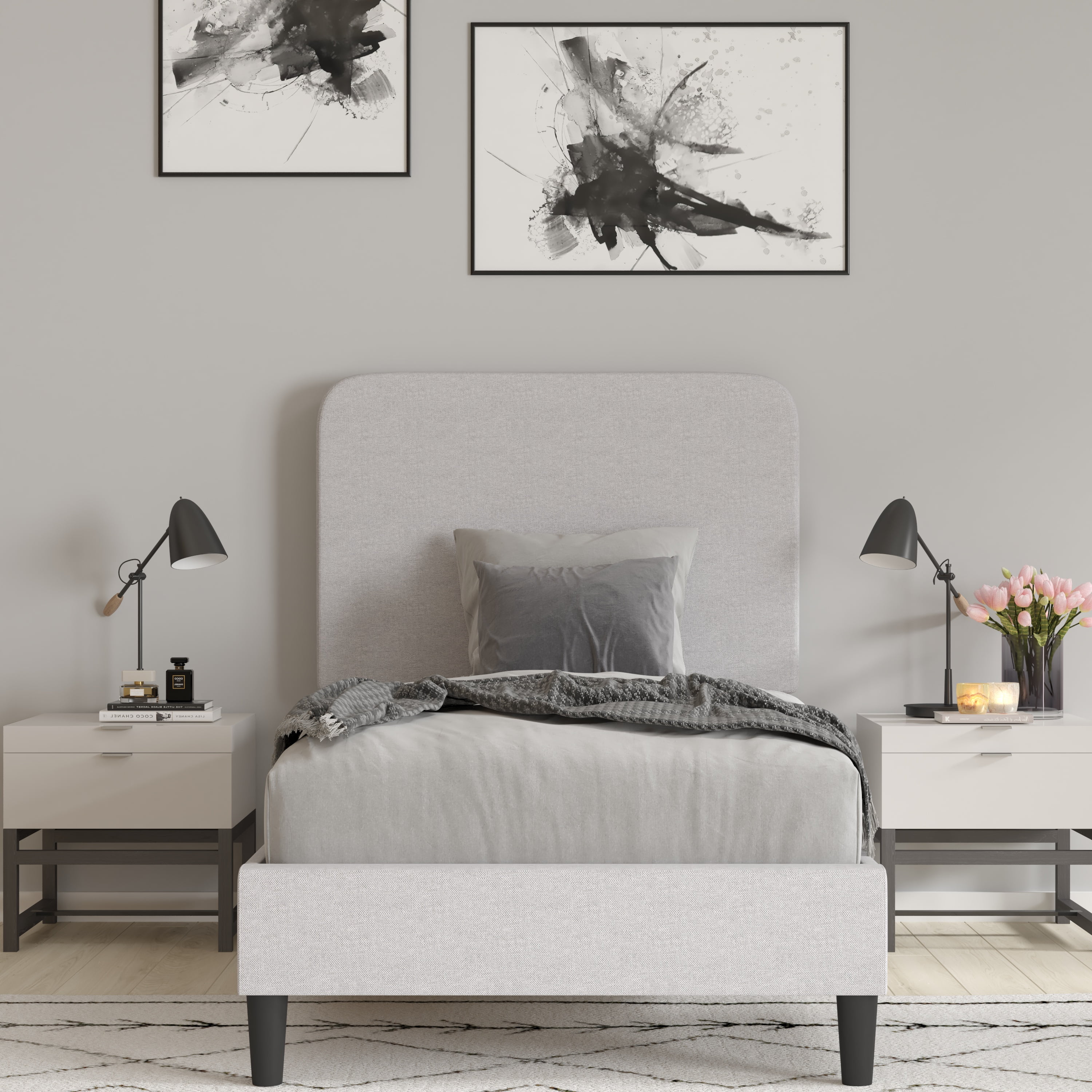 Merrick Lane Twin Platform Bed with Headboard - Light Grey Fabric ...