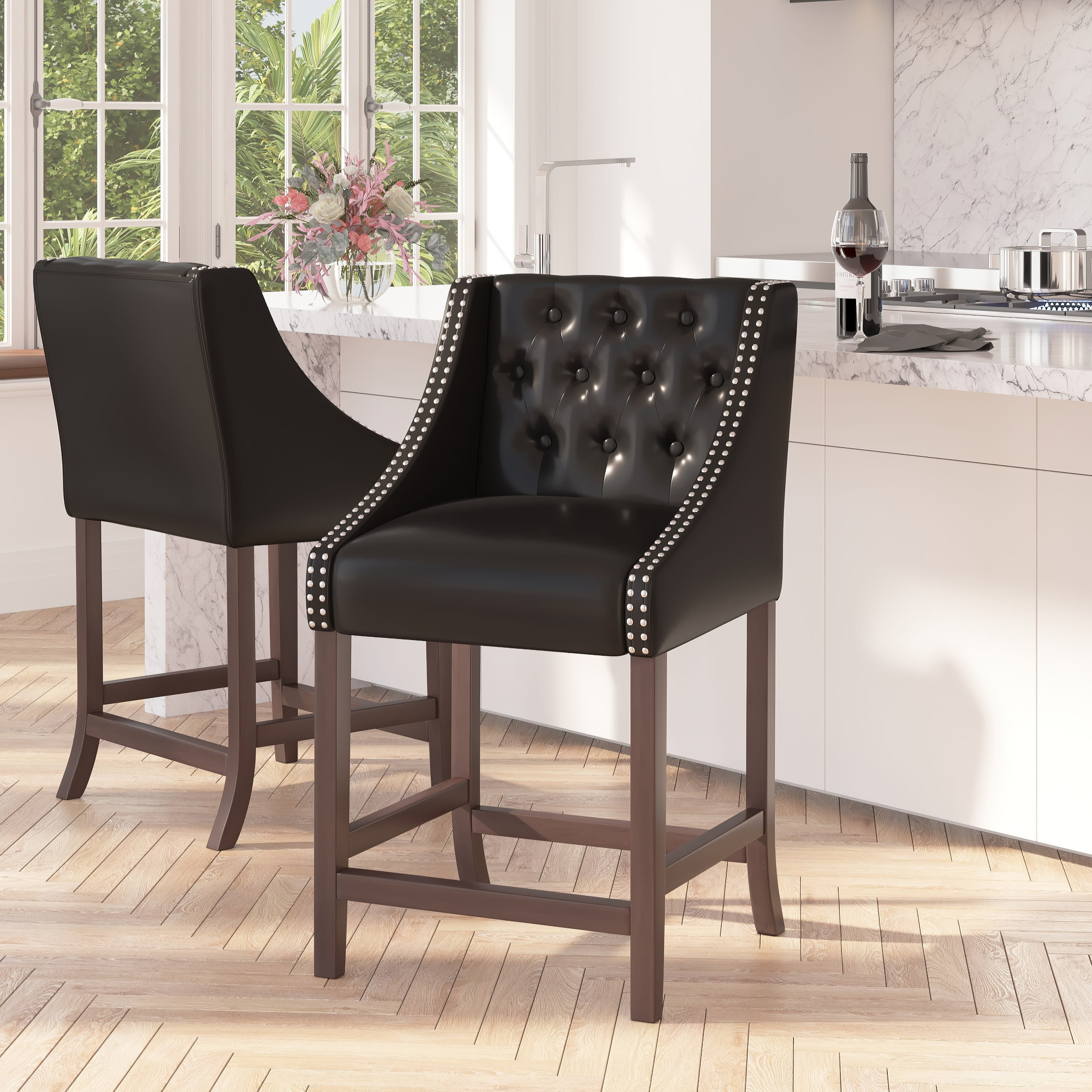 Merrick Lane Faux Leather Tufted Back Bar Stools, Black - Walmart.com