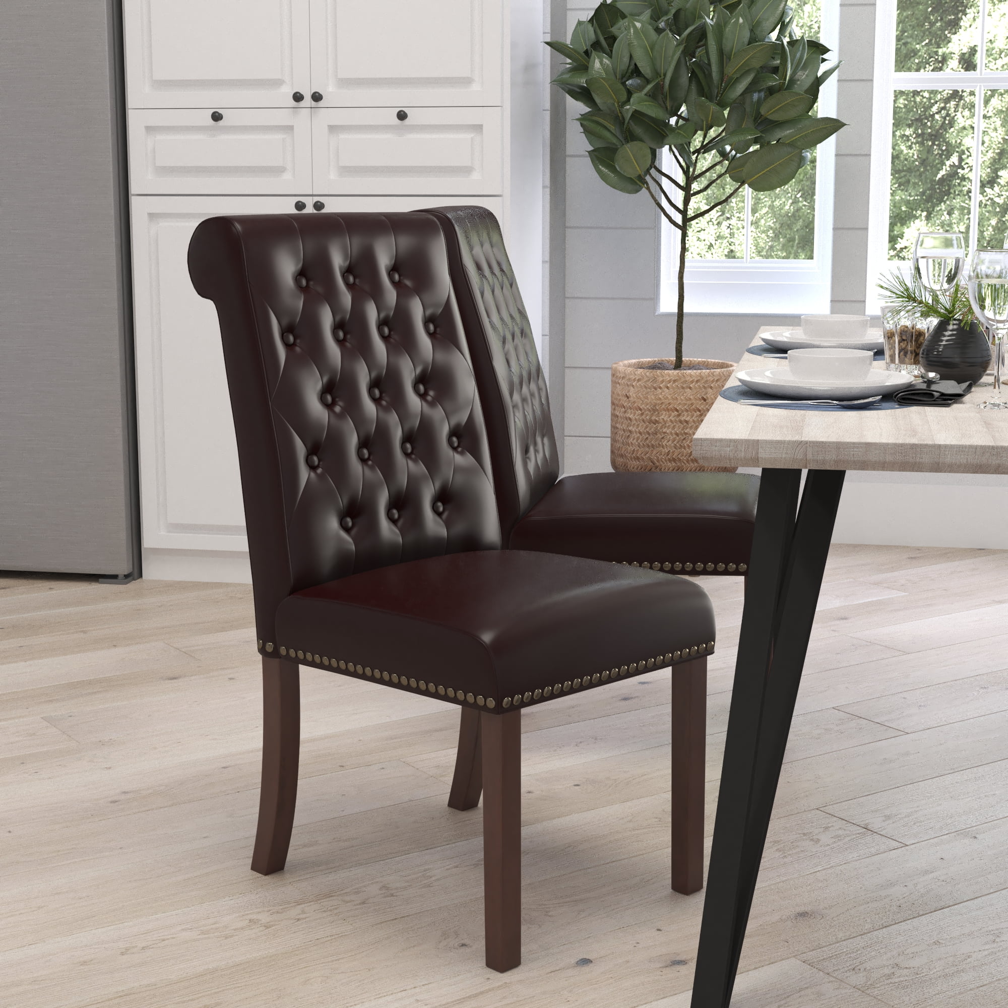 Merrick Lane Upholstered Parsons Chair, Brown Faux Leather, Nailhead ...