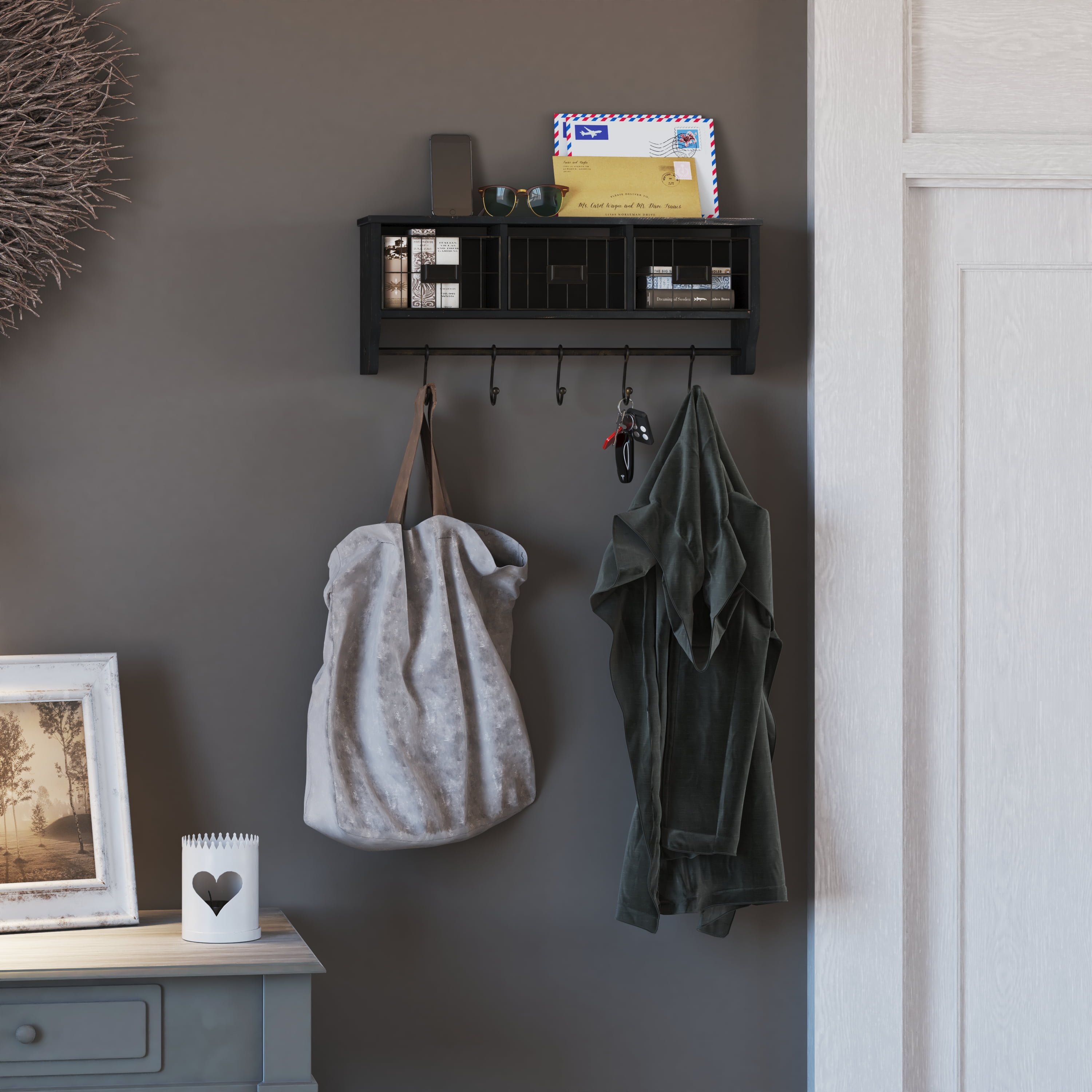 Merrick Lane Wall Mount 24 Inch Solid Pine Wood Storage Rack with Upper ...