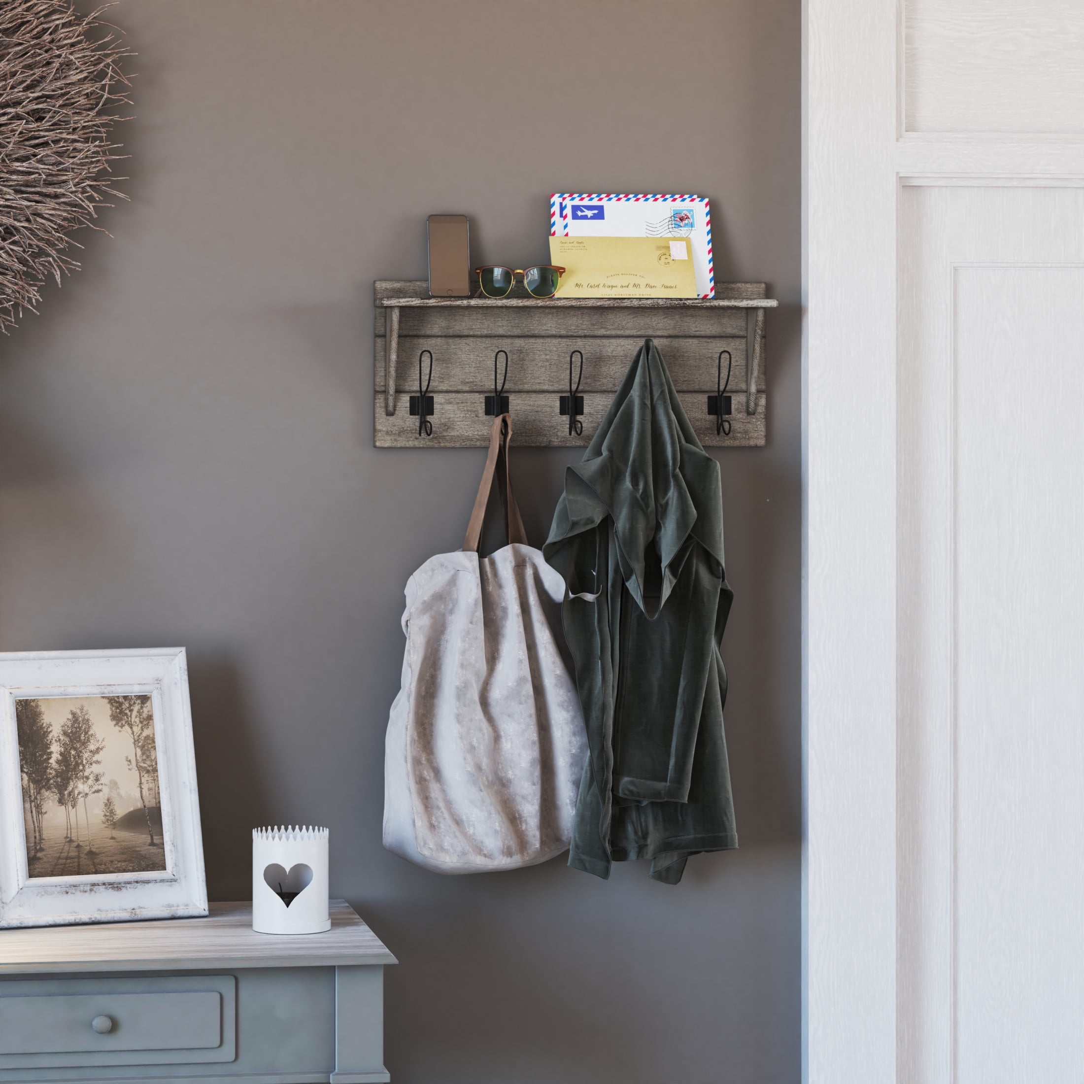 Merrick Lane Weathered Pine Wood 24 Inch Wall Mount Storage Rack with 5 ...